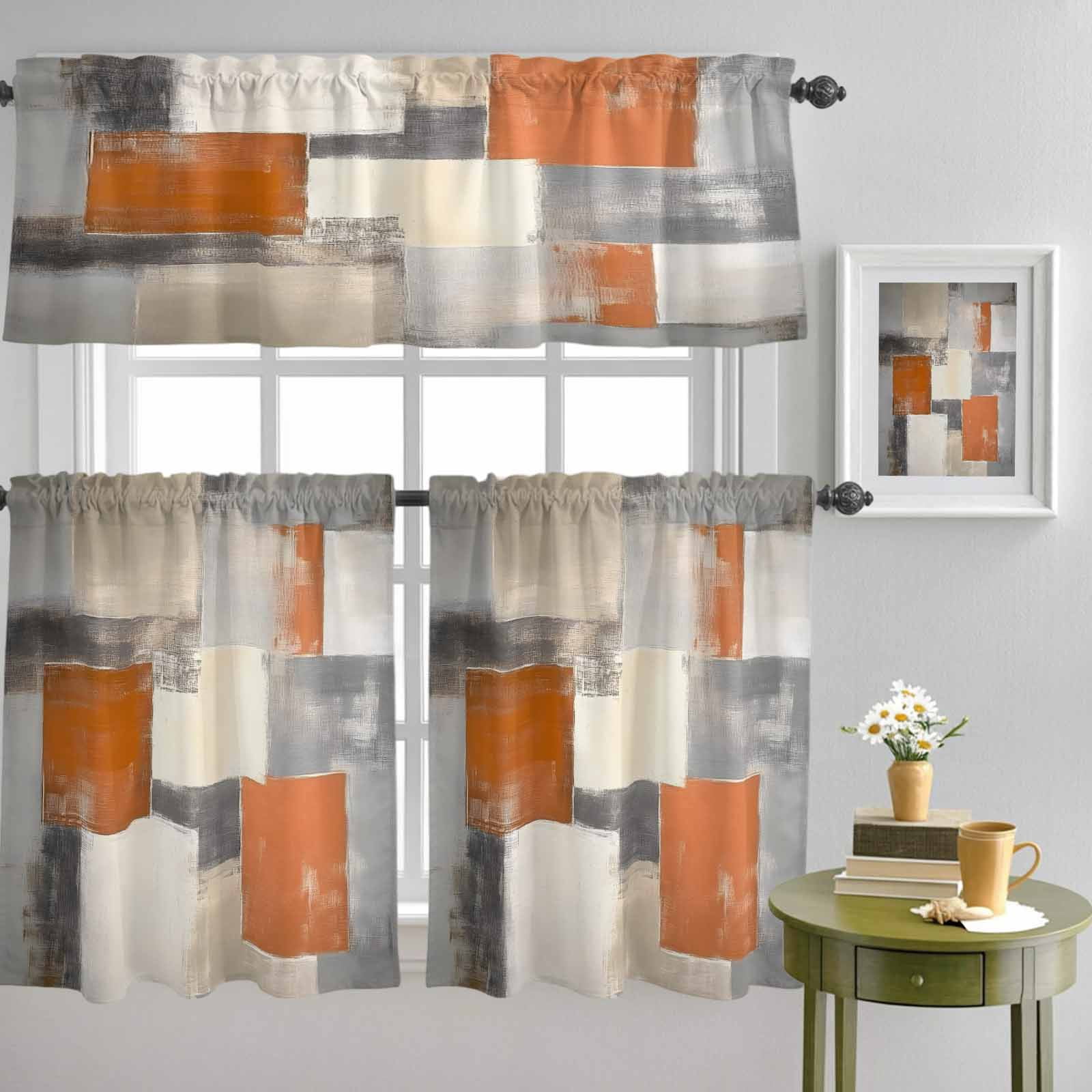 Orange Color Block Gray Gradient Curtain Tier and Valance Set 3 Piece ...