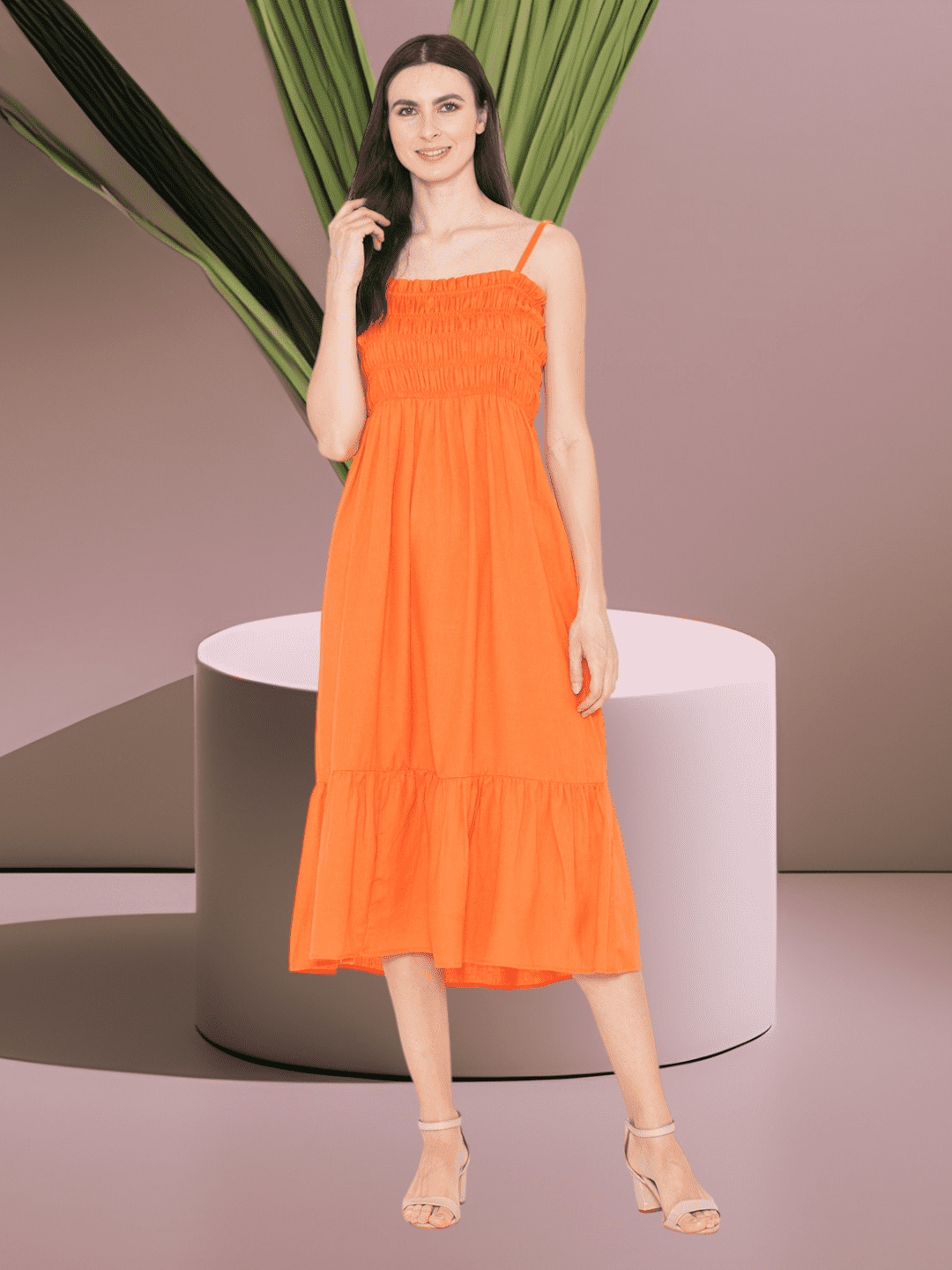 Orange Color, Kansai, Square Neck, Midi Dress - Walmart.com