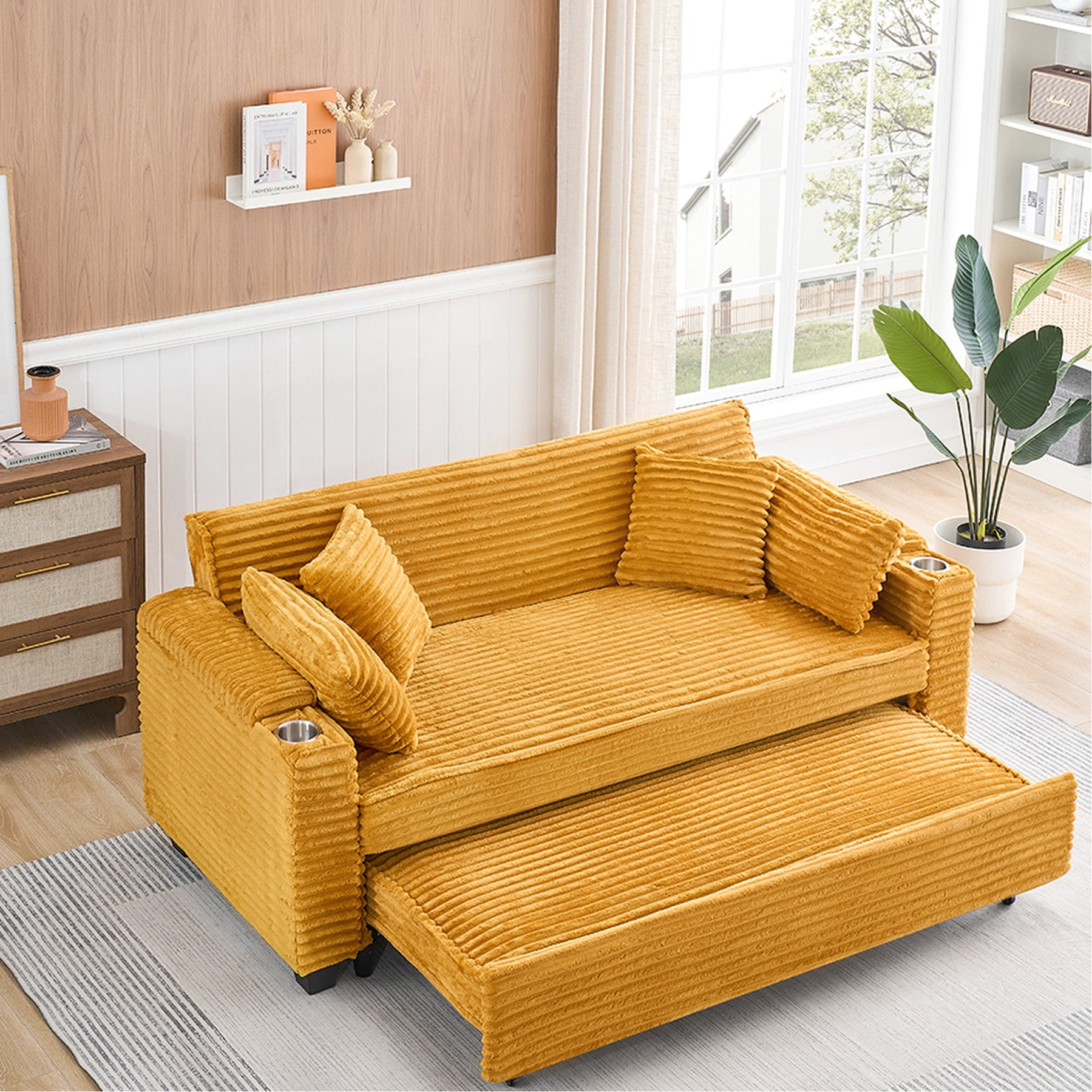Orange Corduroy 80-inch Sofa Bed with Cup Holder for Small Spaces Has ...