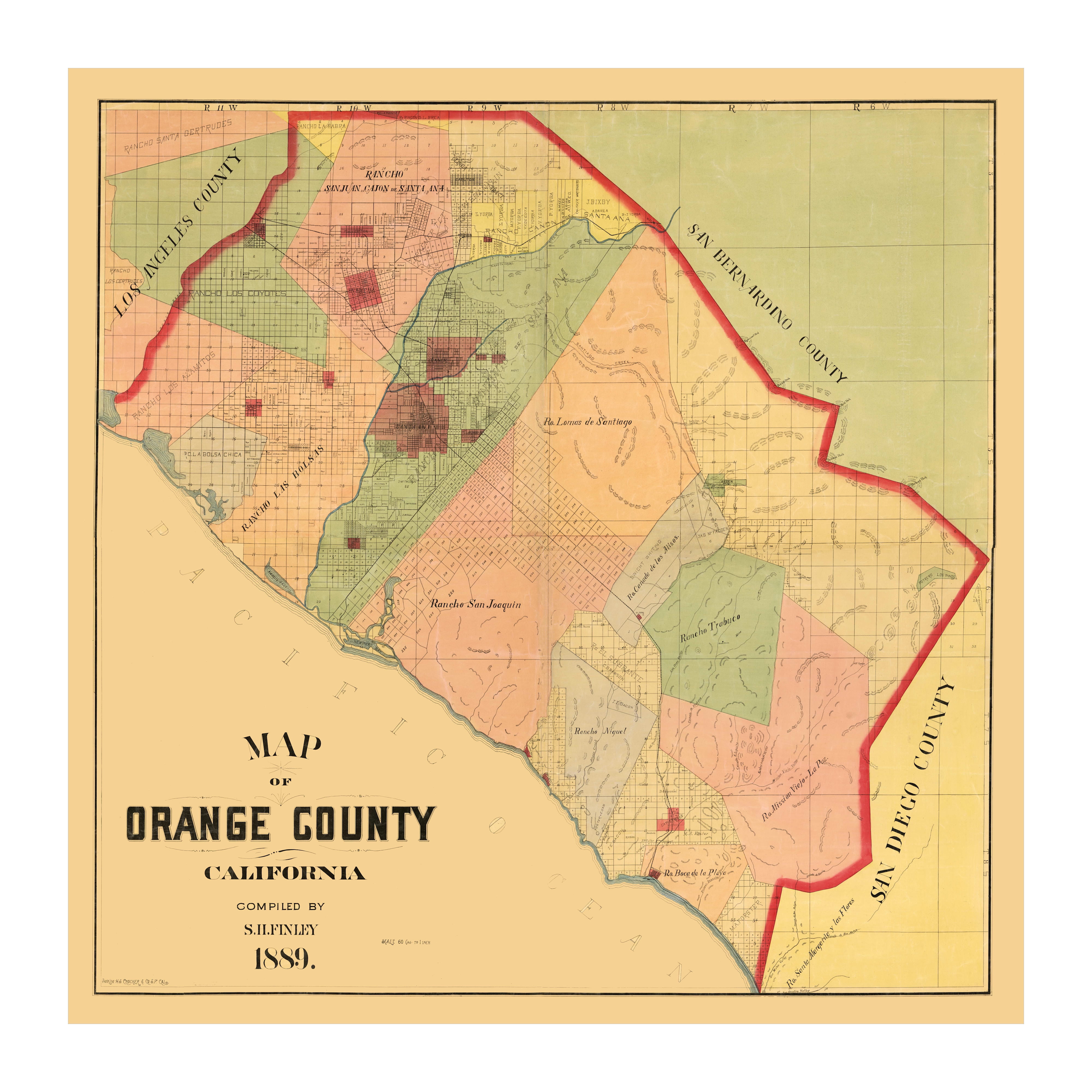 Orange County California Art, 1889 Vintage Map of Orange County CA ...