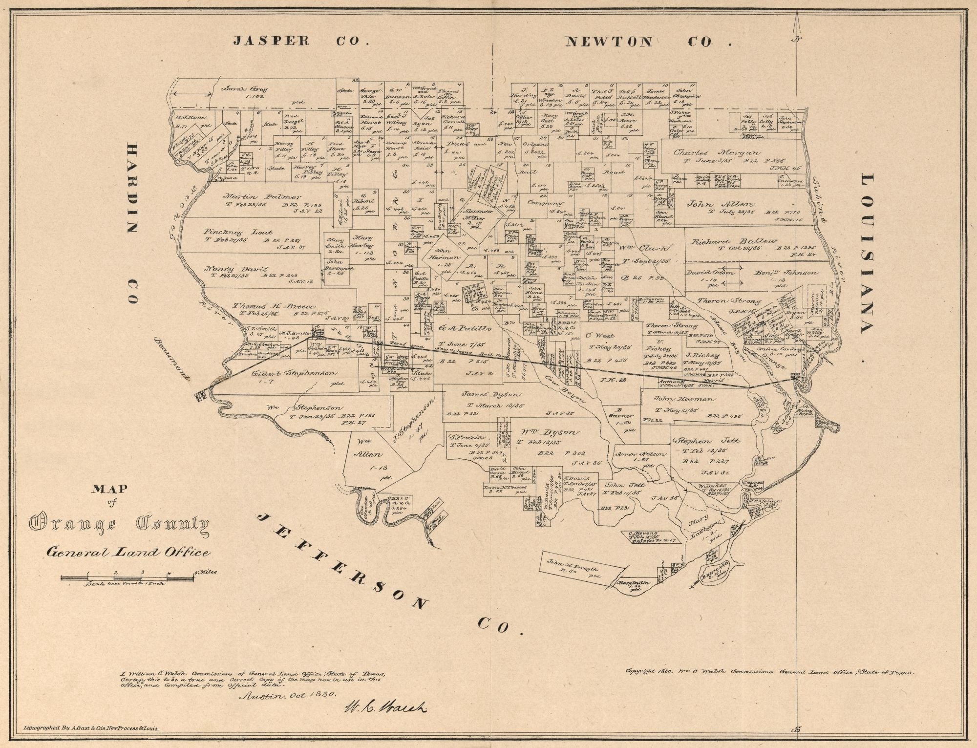 Historic County Map - Orange County Texas - Walsh 1880 - 30.04 x 23 ...