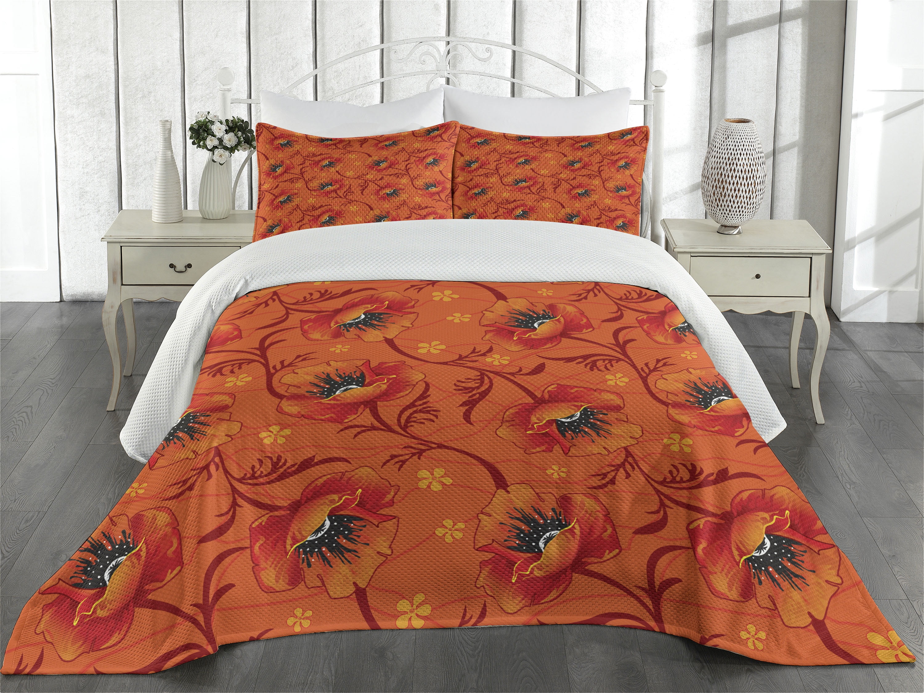 Orange Coverlet Set Queen Size Poppy Flower Series Blossoms Romance