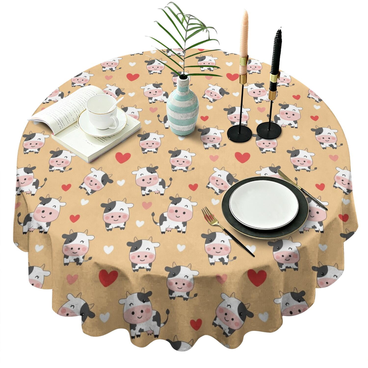 Orange Cow Heart Pattern Round Tablecloth 60"x60",Wrinkle Wipeable ...