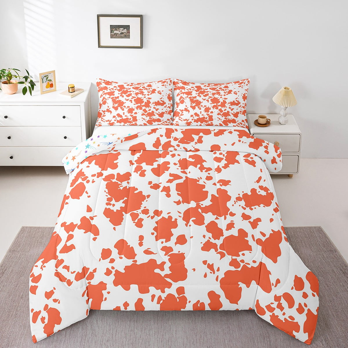 Orange Cowhide Comforter Set Cartoon Cow Print Bed Set,Milk Cow Farm ...