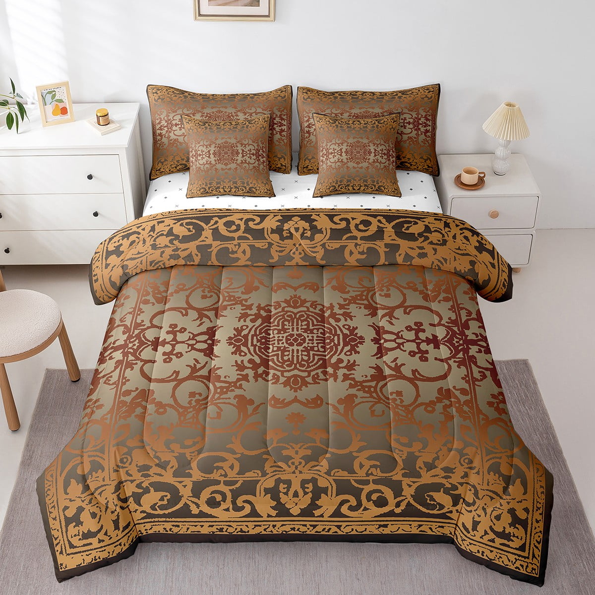 Orange Damask Comforter Set 7 Piece Bed in a Bag Twin Gothic Bedding ...