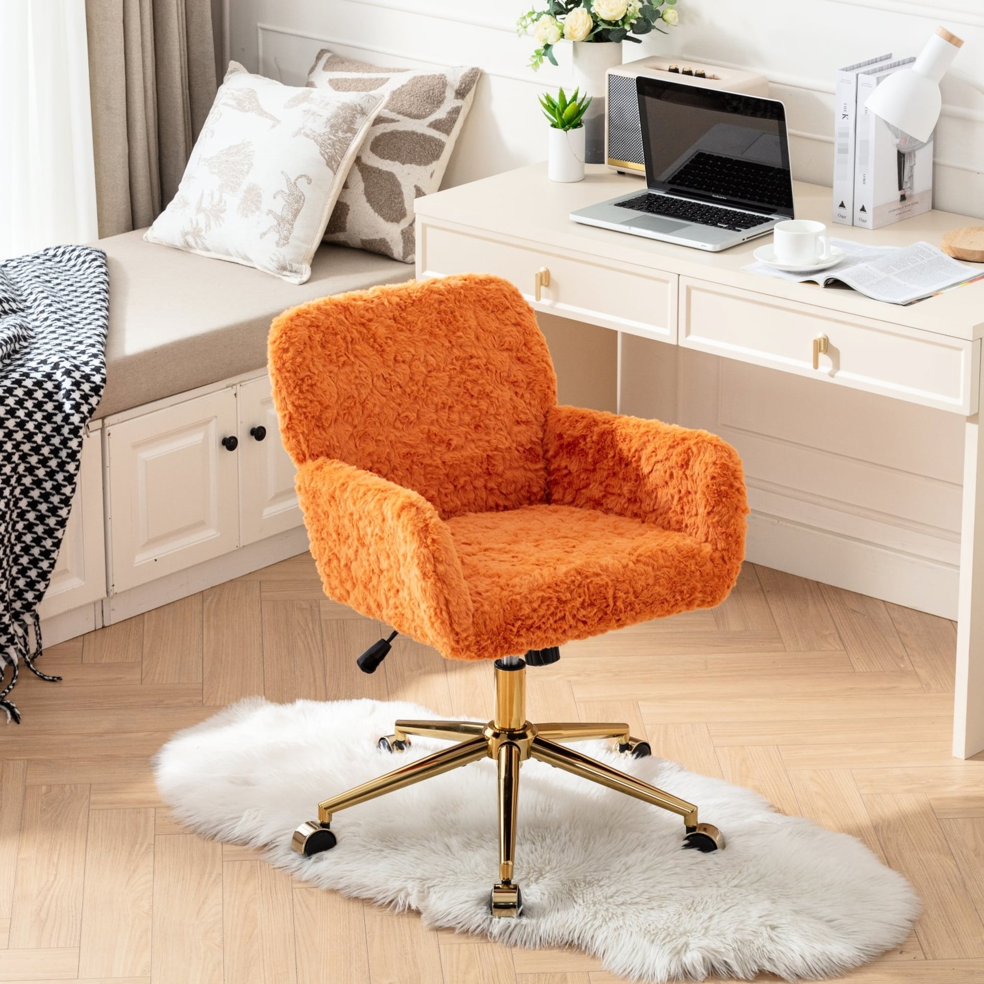 Orange Desk Chair With Artificial Alpaca Wool Fabric, Golden Metal Base ...