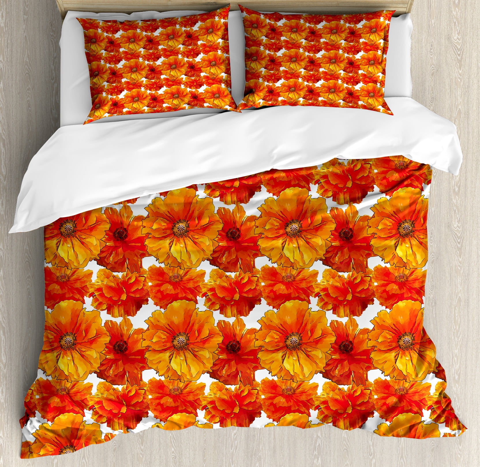 Orange Duvet Cover Set, Big Flourishing Bohemian Poppies on the Antique ...