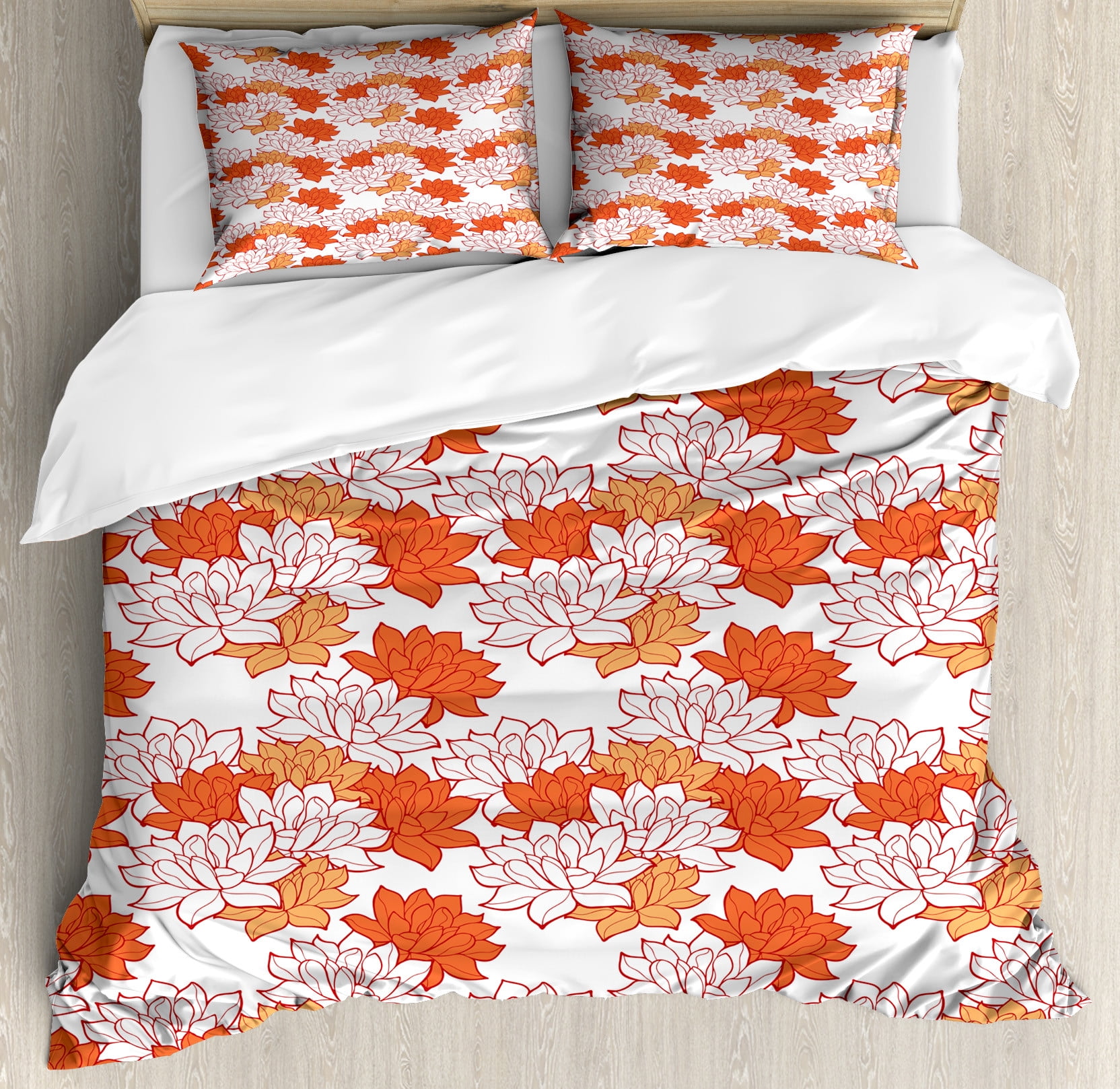 Orange Duvet Cover Set, Blossoming Hand Drawn Lotus Leaves Garden ...