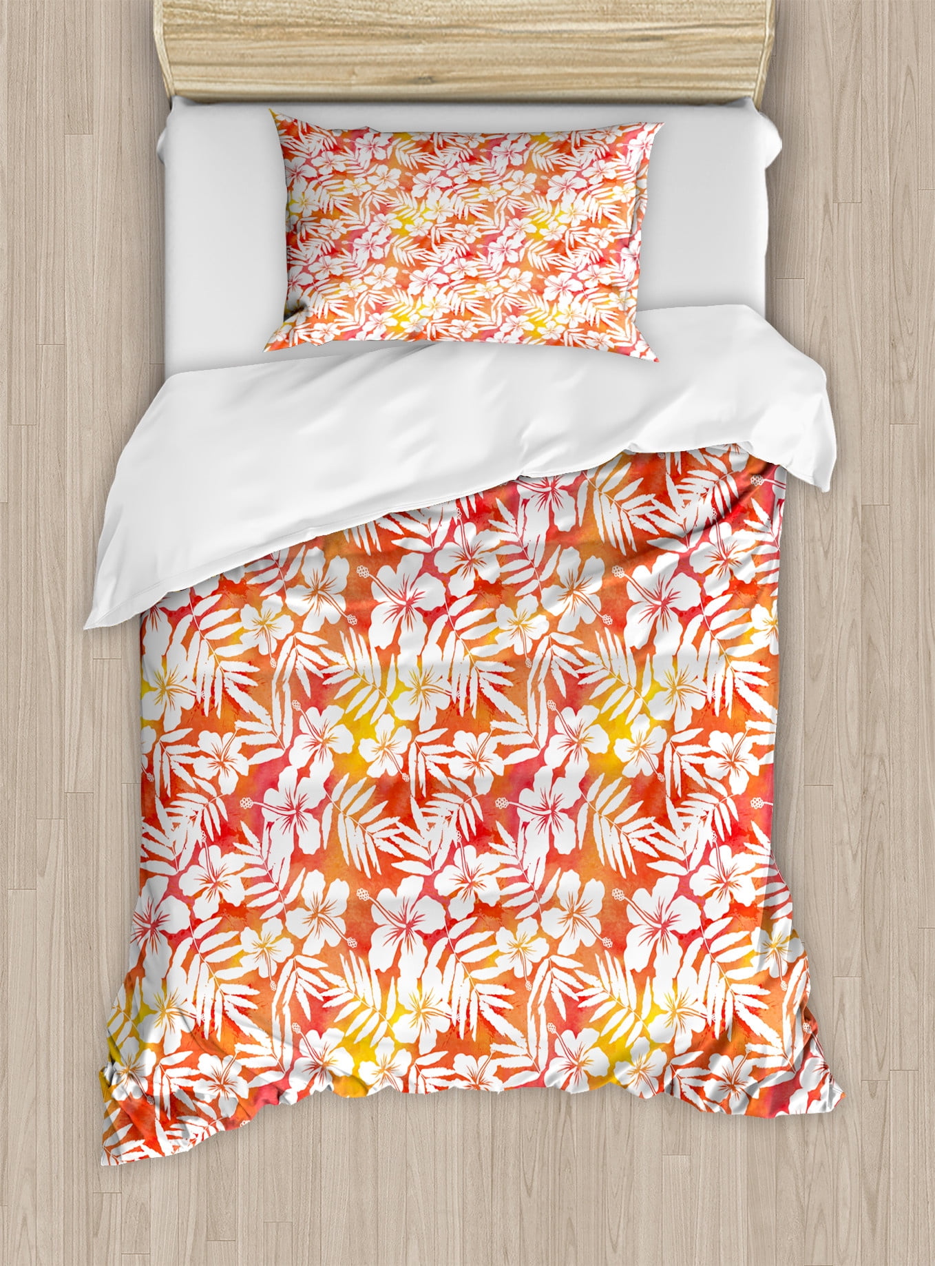 Orange Duvet Cover Set, Fantasy Watercolor Backdrop with White Hibiscus ...
