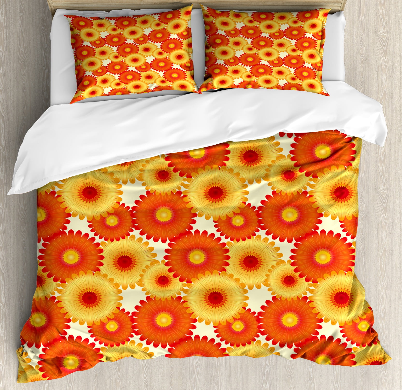 Orange Duvet Cover Set, Gerbera Flowers Petals in Graphic Style Vibrant ...
