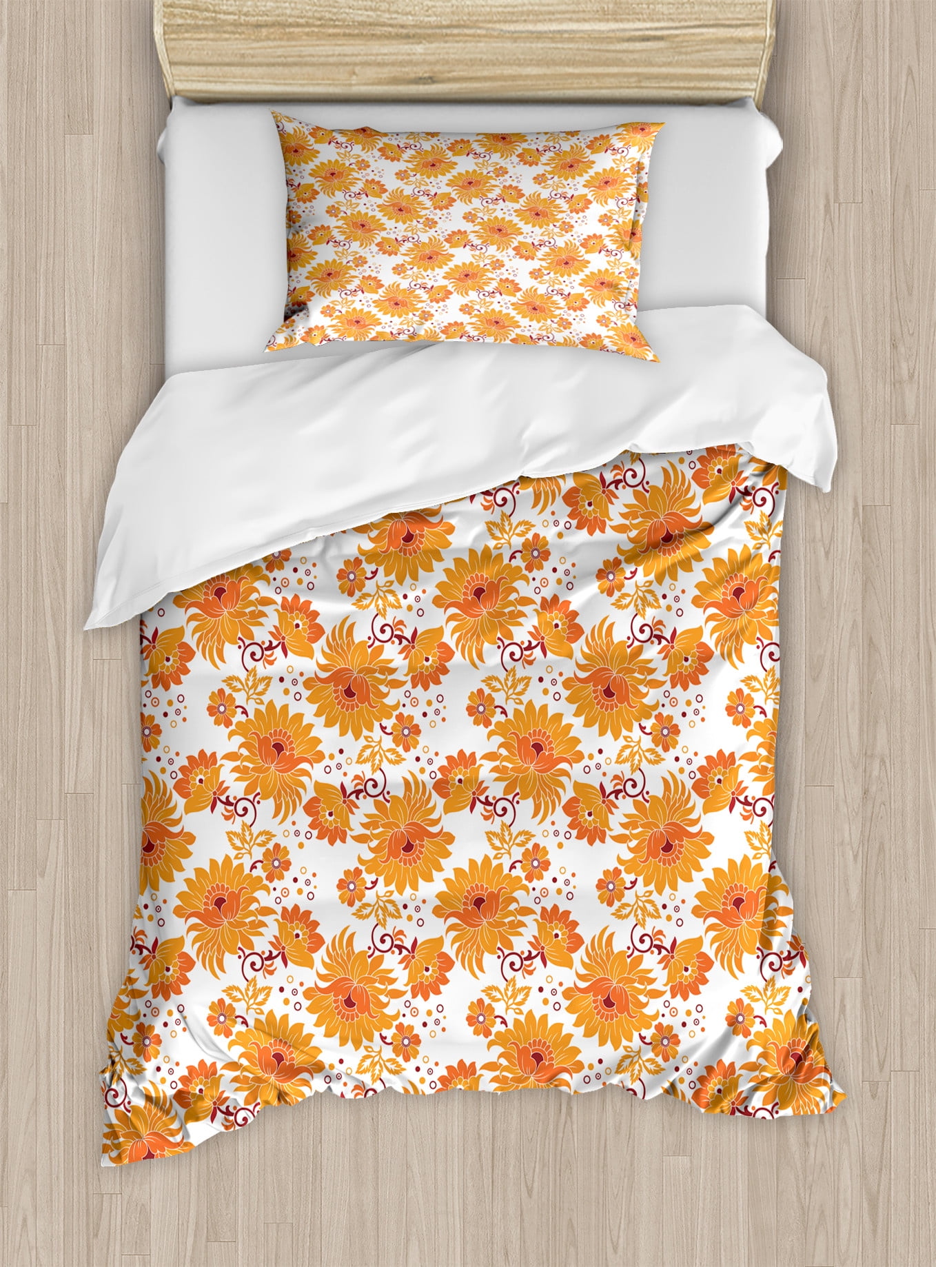 Orange Duvet Cover Set, Old Fashion Flowers in Full Blossom Damask ...