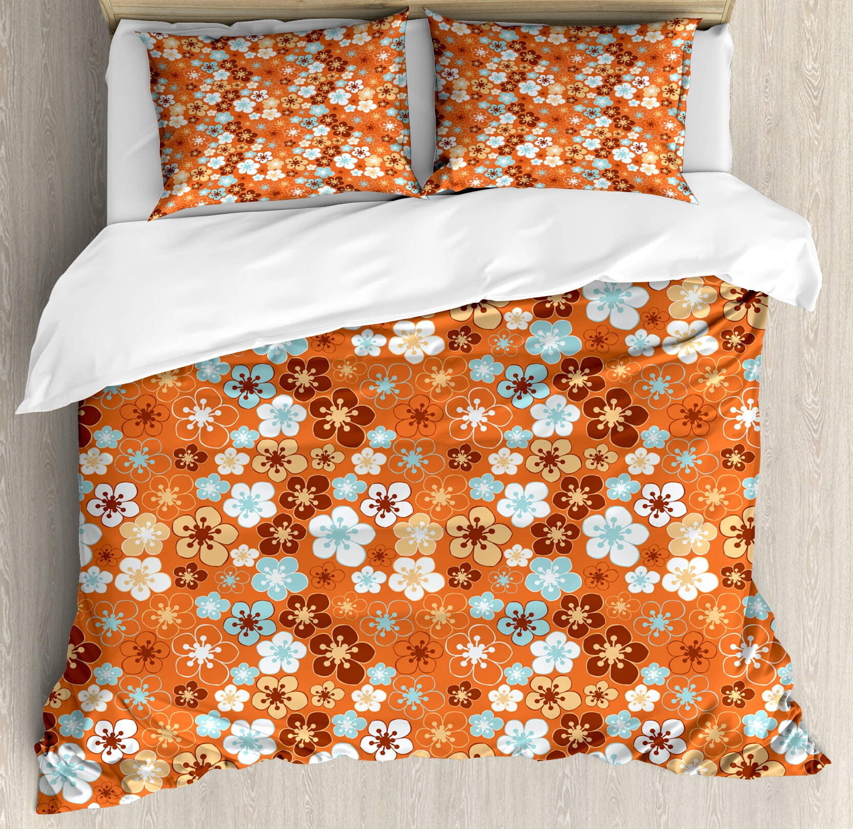 Orange Duvet Cover Set, Old Fashioned Doodle Flora Abstract Blooming ...