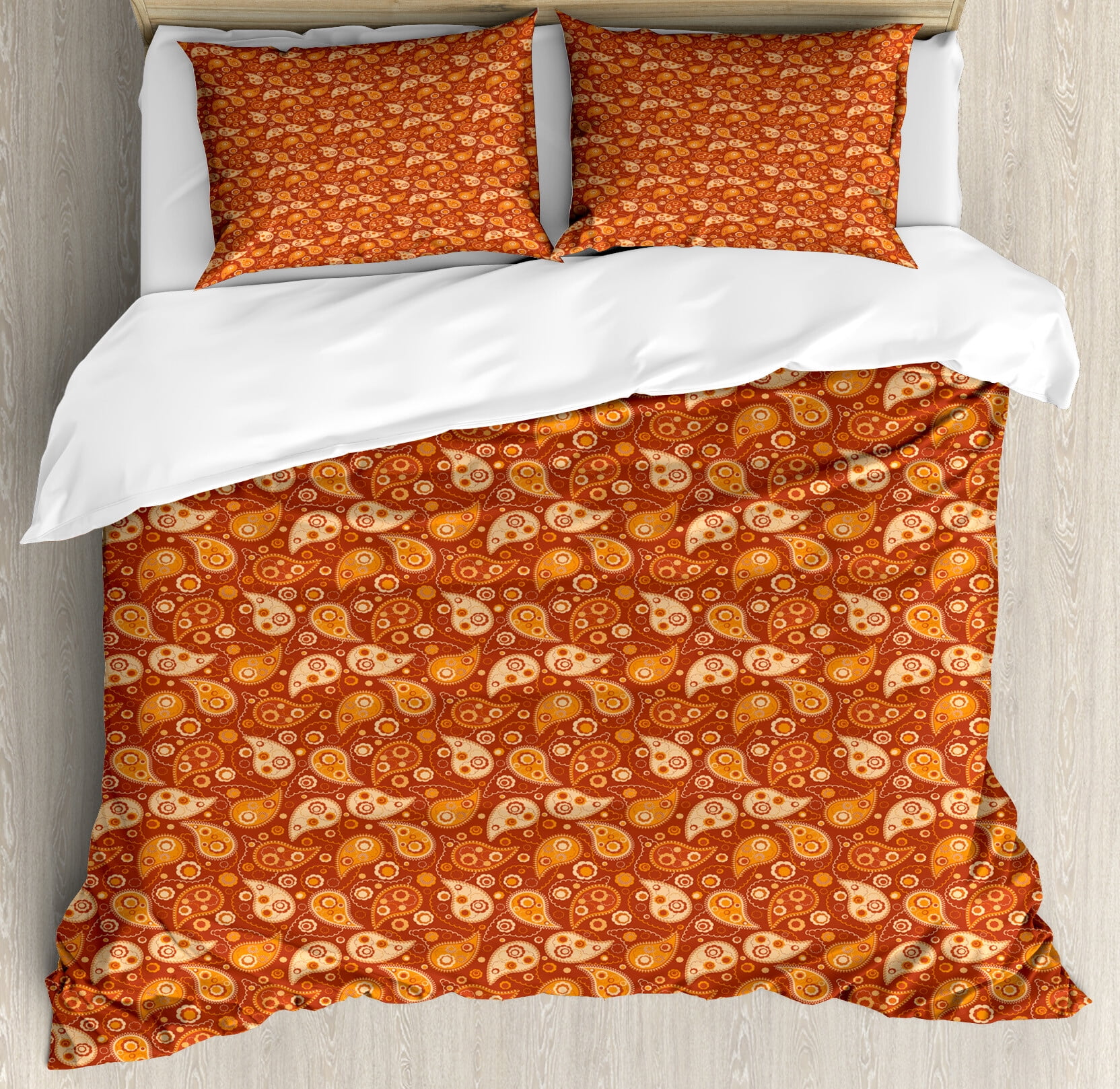 Orange Duvet Cover Set, Retro Style Pattern with Paisley and Flowers ...