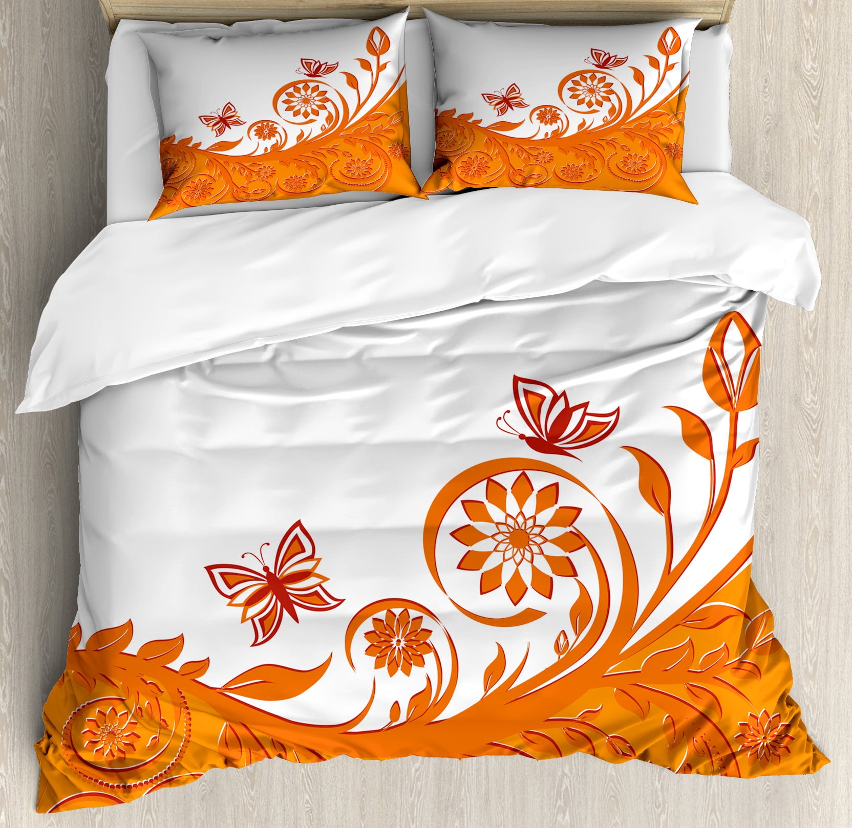 Orange Duvet Cover Set, Rose Branch Motif with Floral Swirls in Old ...