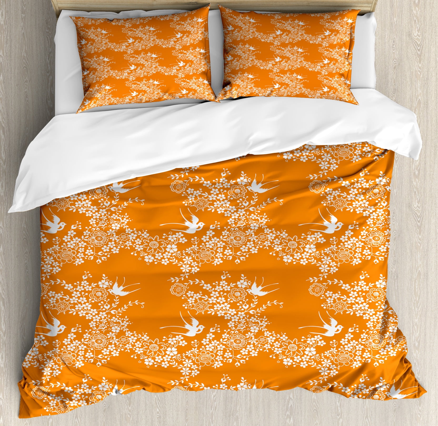 Orange Duvet Cover Set, Style Spring Meadow Pattern with Branches in ...
