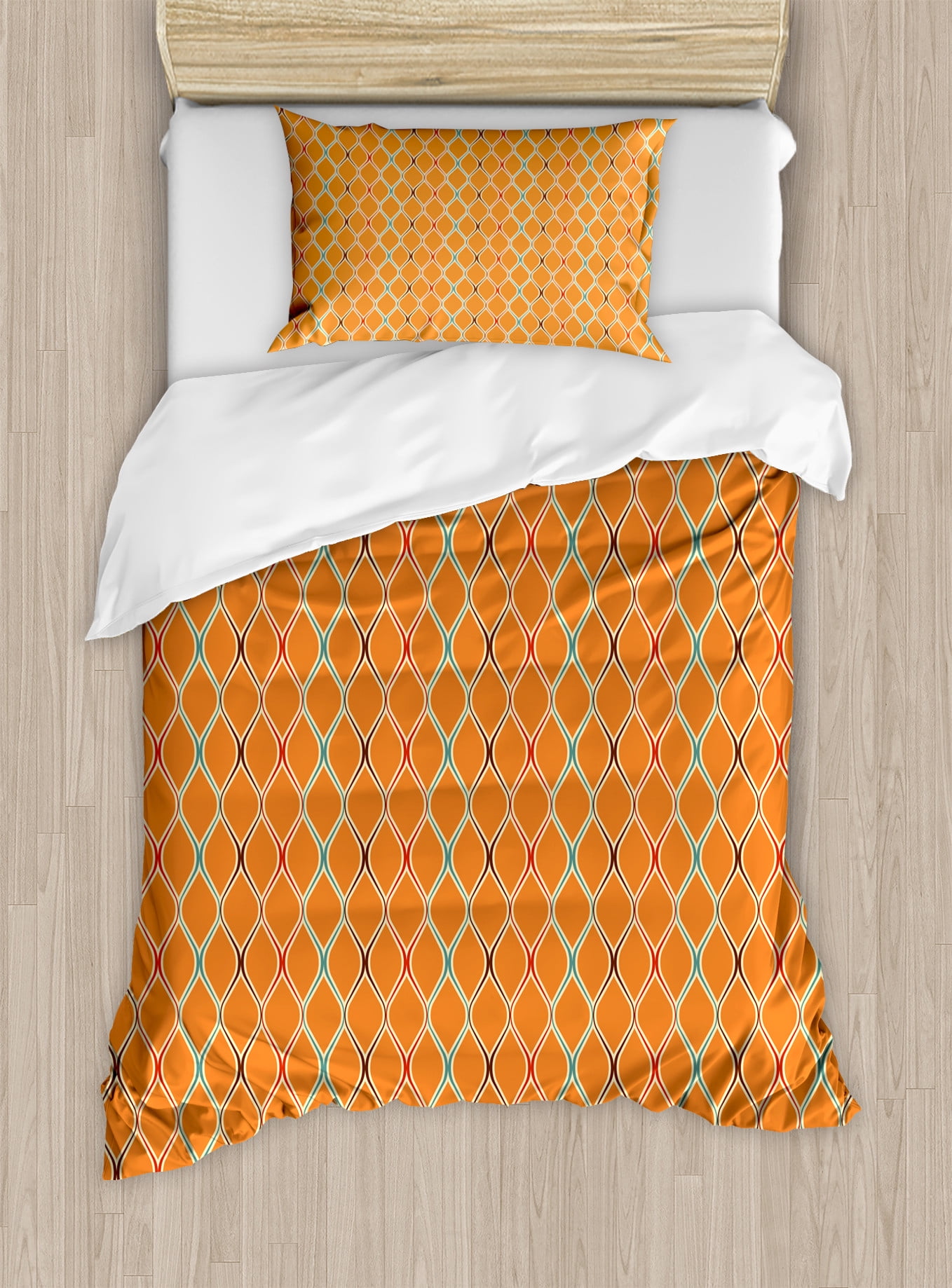 Orange Duvet Cover Set, Vibrant Old Fashion Trippy with Unusual Shapes ...