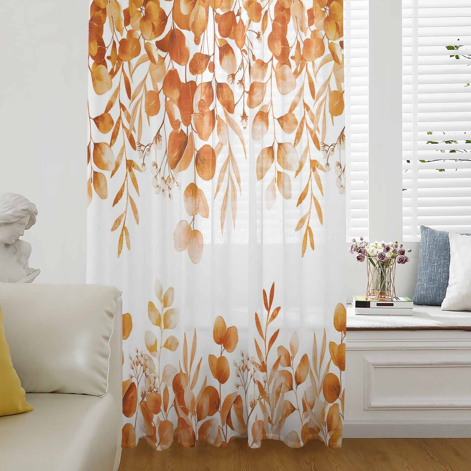 Orange Eucalyptus Leaves Semi Sheer Curtains Drapes for Living Room ...