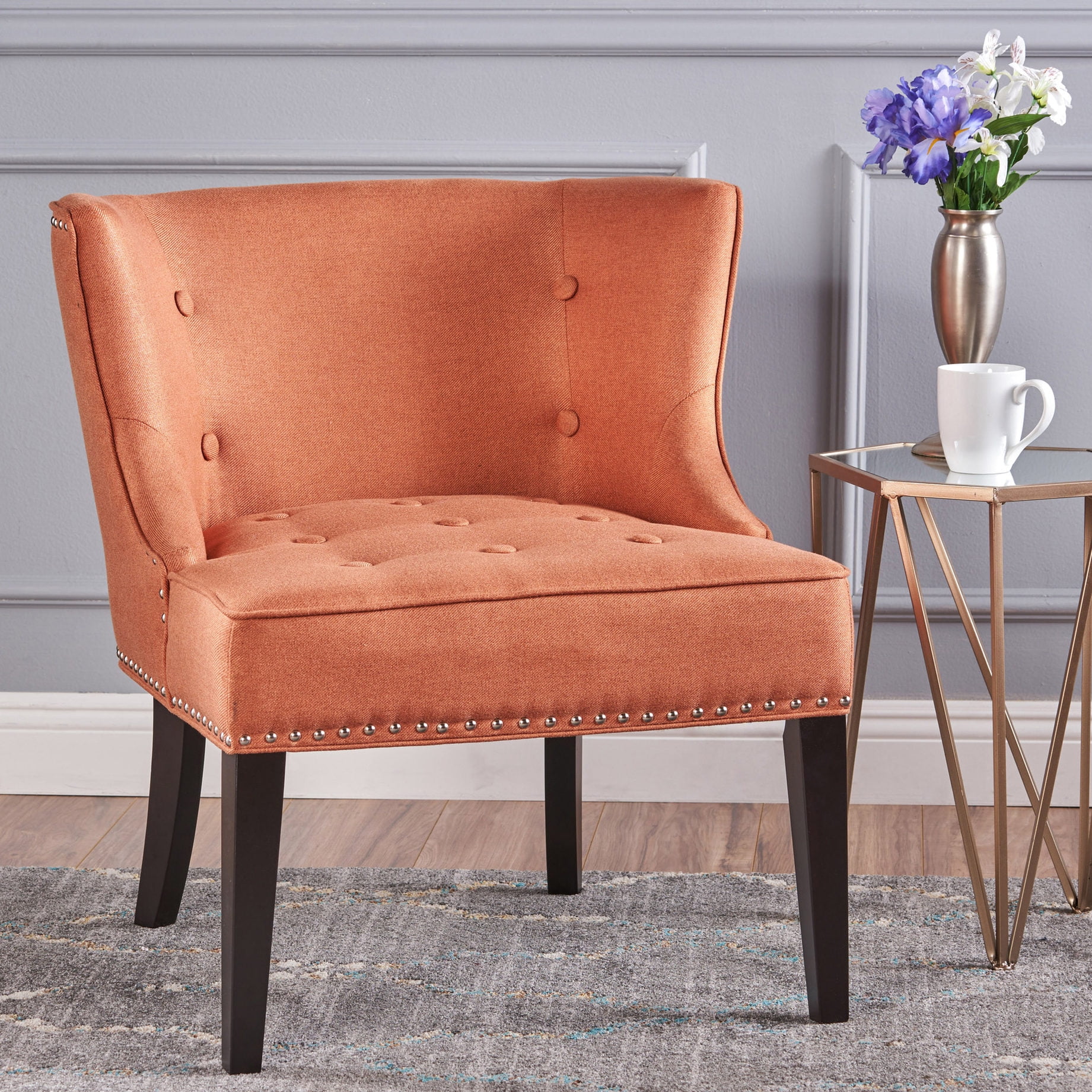 Orange Fabric Accent Chair with Button - Tufted Waffle Stitch ...