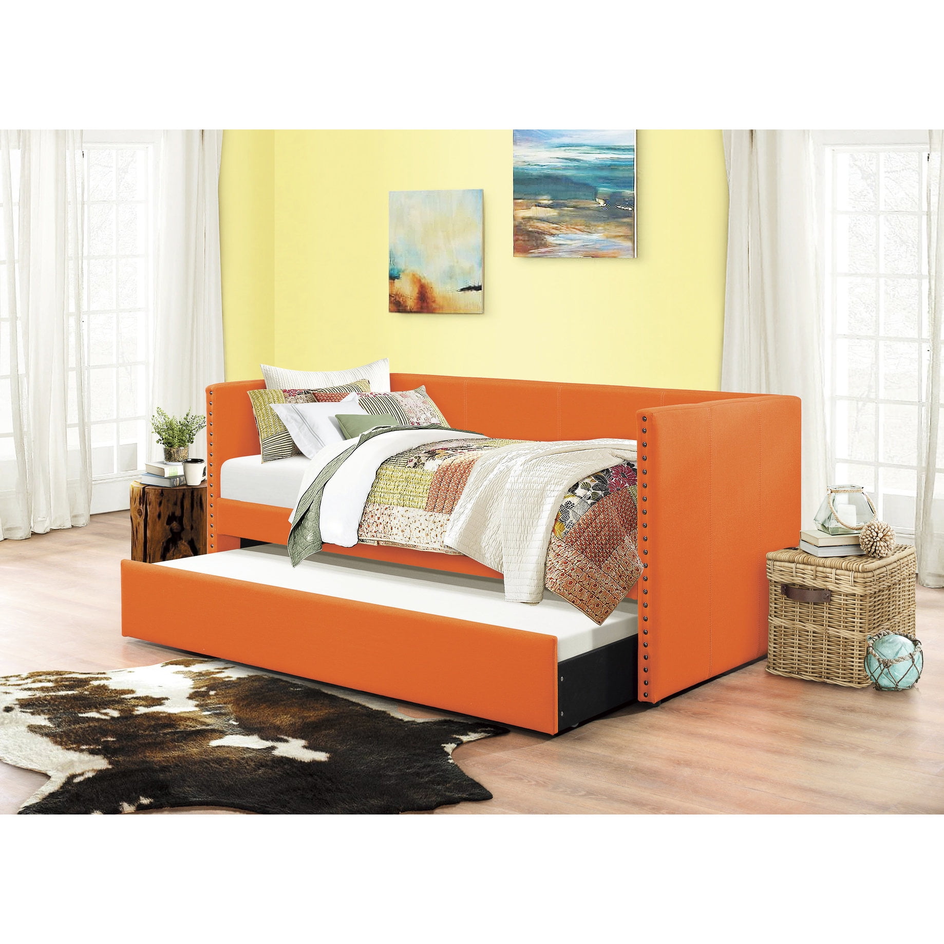 Orange Fabric Upholstered | Bedroom Day Bed with Pull - out Trundle for ...