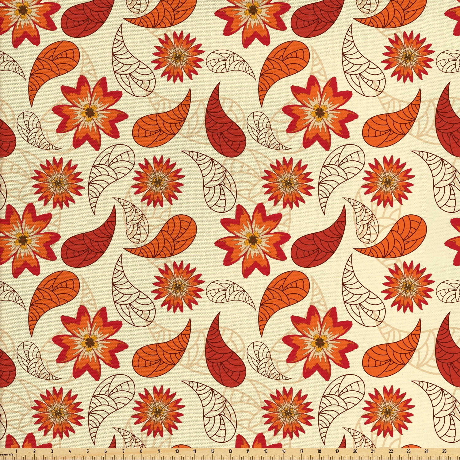 Ambesonne Orange Fabric by the Yard Upholstery, Red Retro Poppy Flowers ...