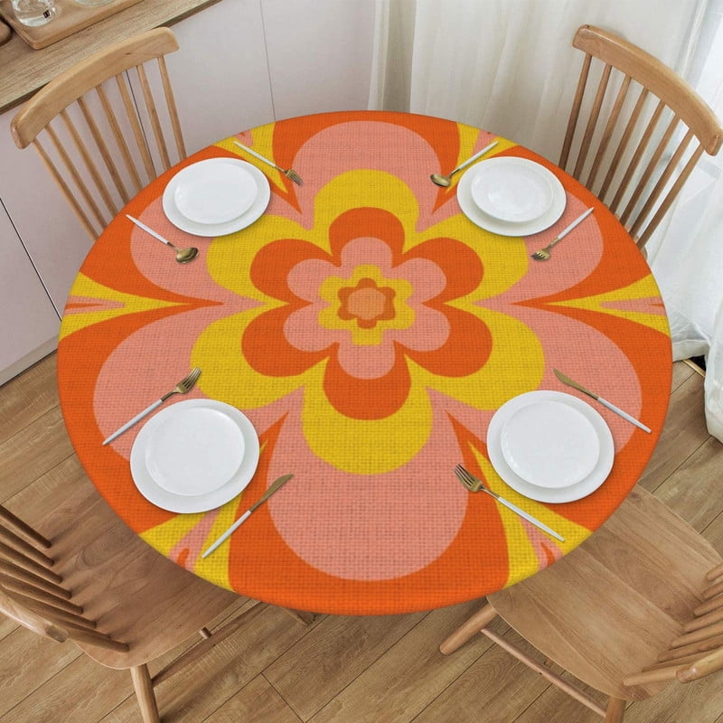 Orange Fall Floral Boho Round Fitted Tablecloth with Elastic Fitted ...