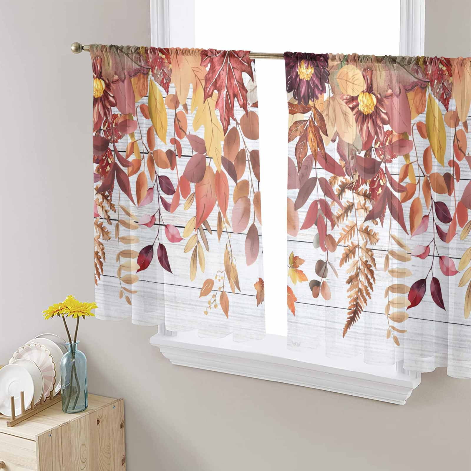 Orange Fall Leaves Sheer Curtains 54 Inches Length 2 Panels Set, Window ...