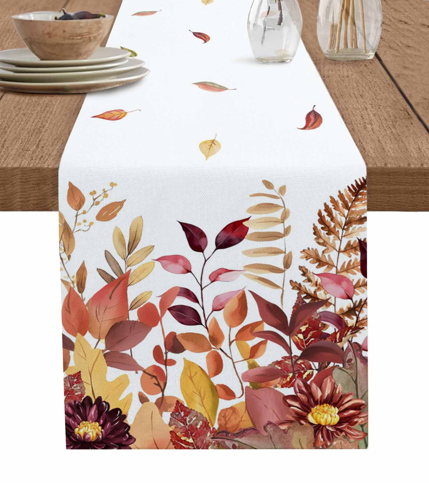 Orange Fall Leaves Table Runner 120 Inches, Watercolor Maple Eucalyptus ...