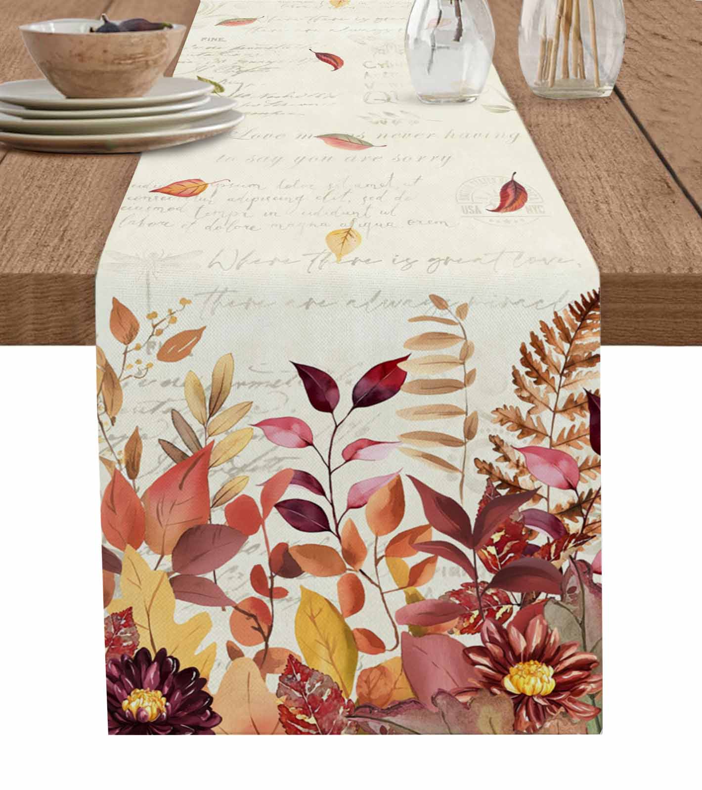 Orange Fall Leaves Table Runner 90 Inches, Farmhouse Maple Eucalyptus ...
