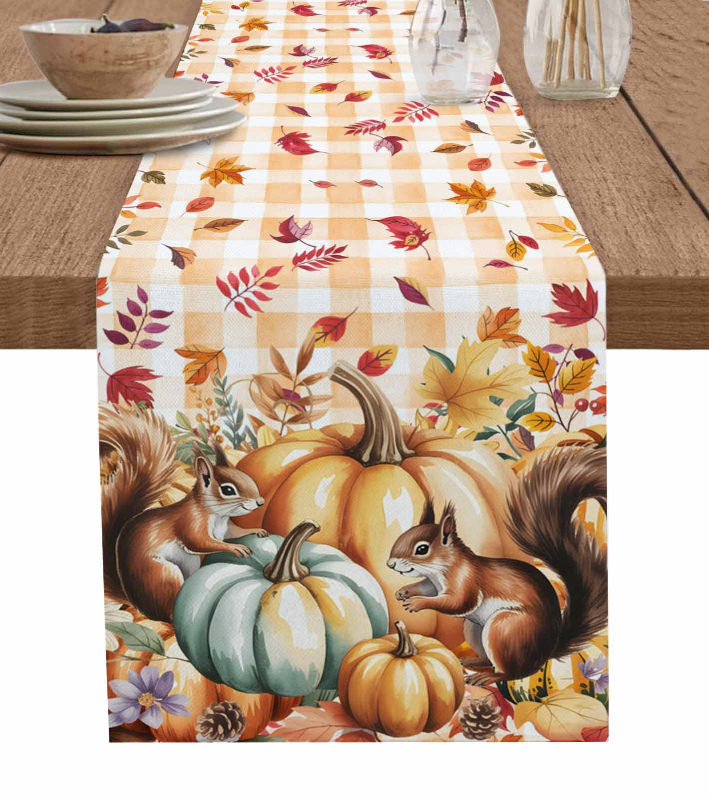 Orange Fall Pumpkins Table Runner 72 Inches, Leaf Squirrel Country ...