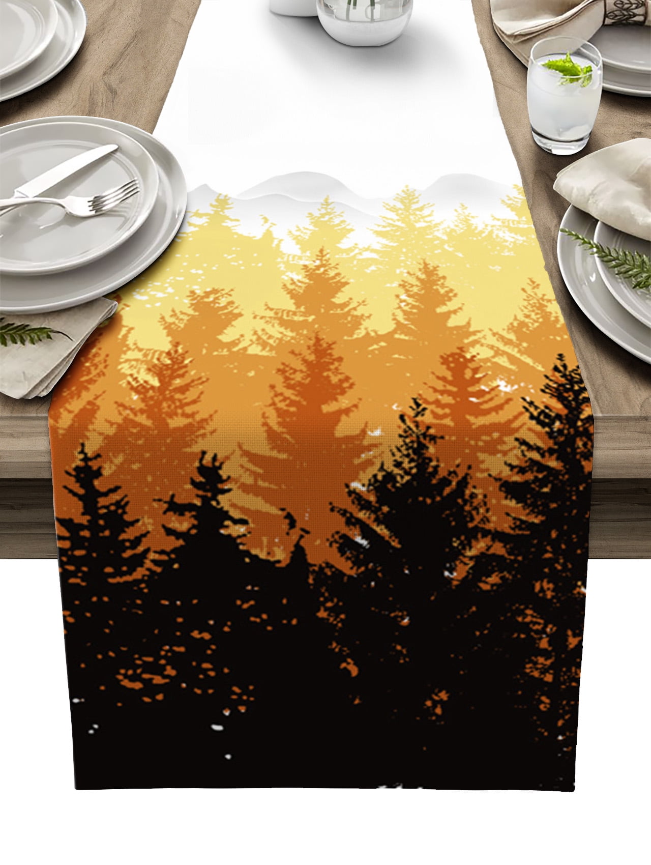 Orange Fall Tree, Table Runner 108 Inches, Forest Black Wood-land ...