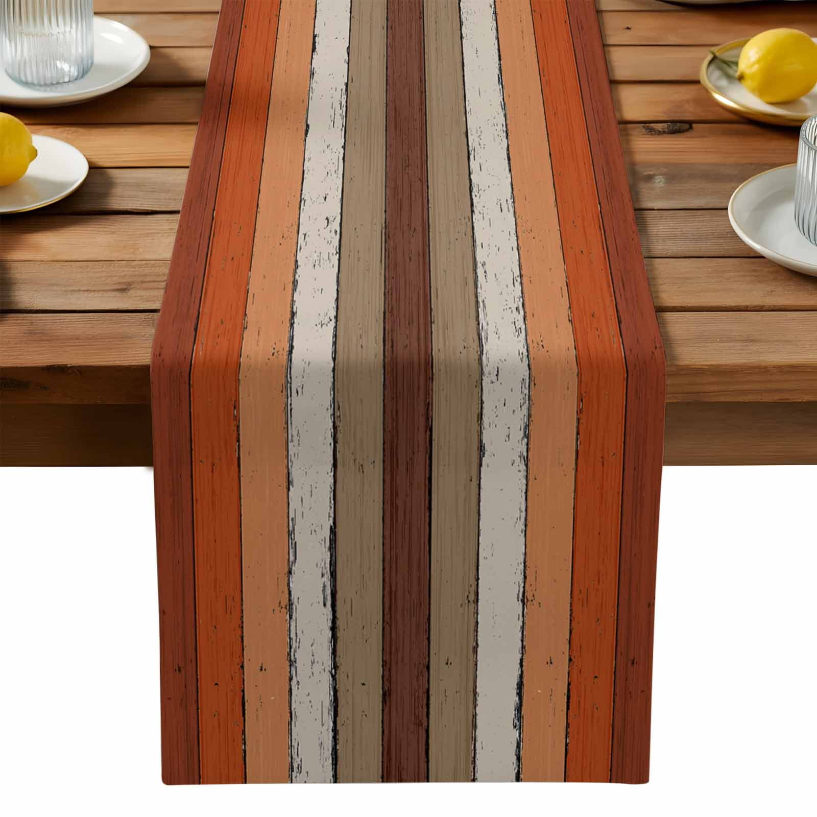 Orange Farmhouse Striped Table Runner, Vintage Wood Texture Mottled ...
