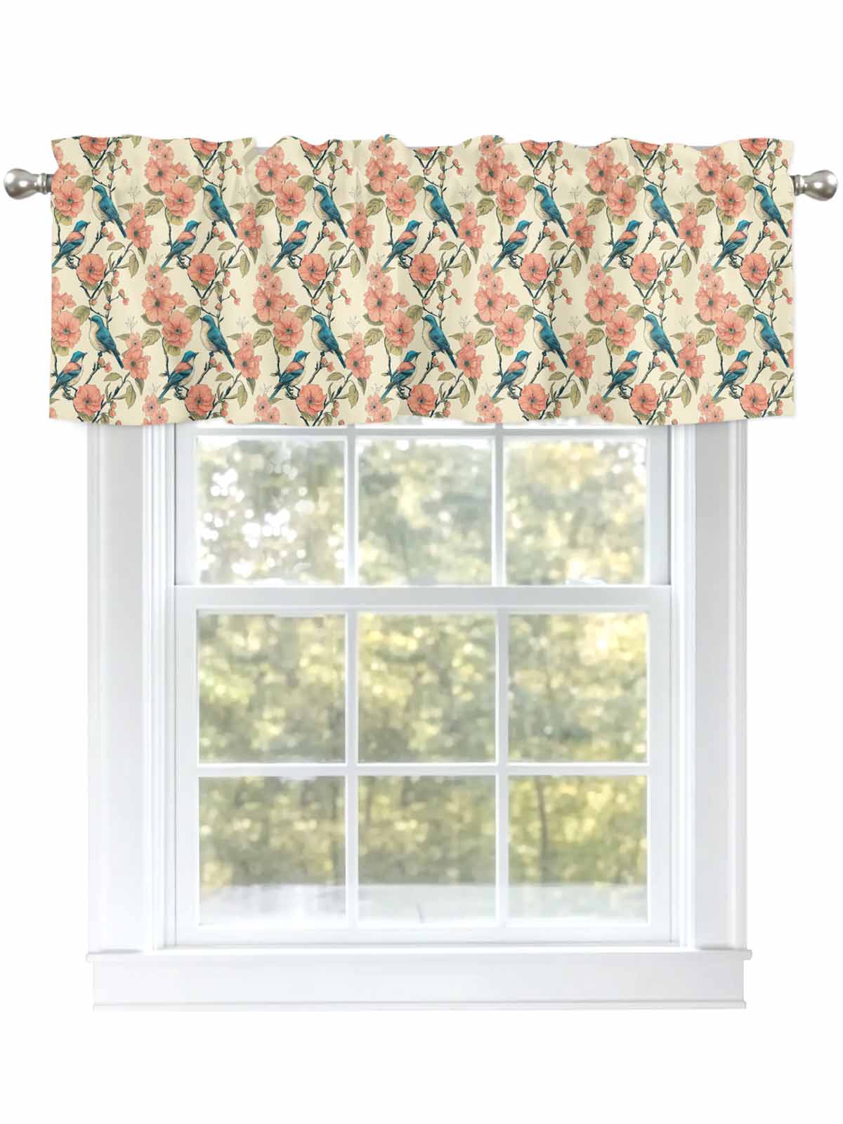 Orange Floral Bird Tree Branch Plant Valances Curtain Kitchen Rod ...