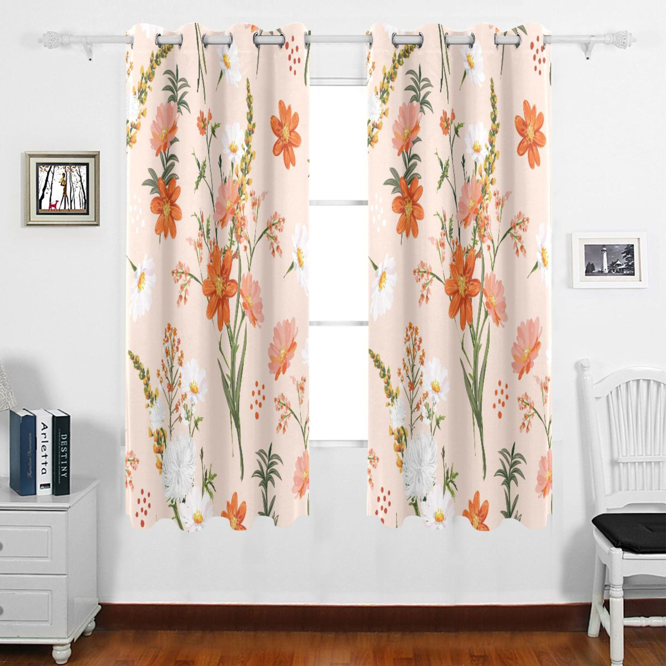 Orange Floral Flowers Grommet Blackout Curtains Thermal Insulated ...
