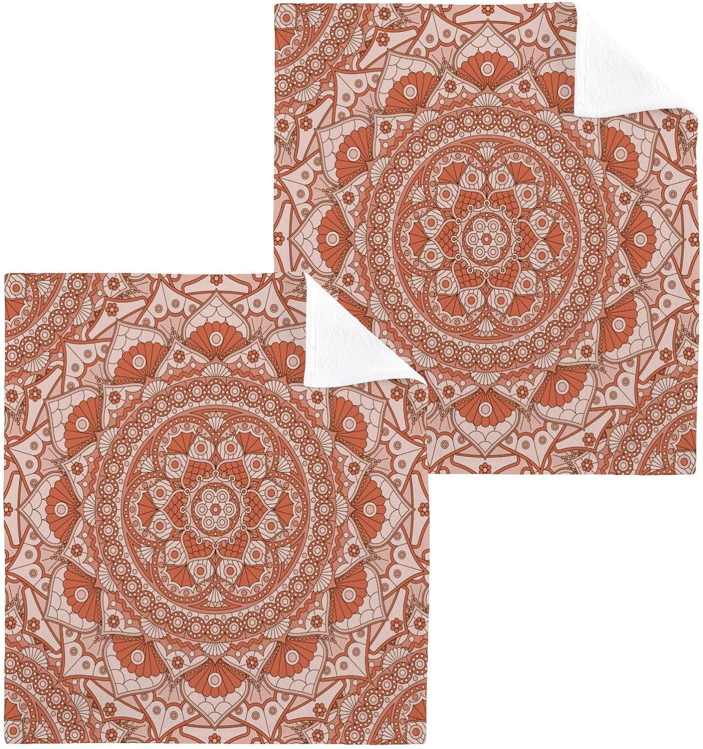 Orange Floral Mandala Washcloth 12x12in Set, 6 Pack Absorbent Cotton ...