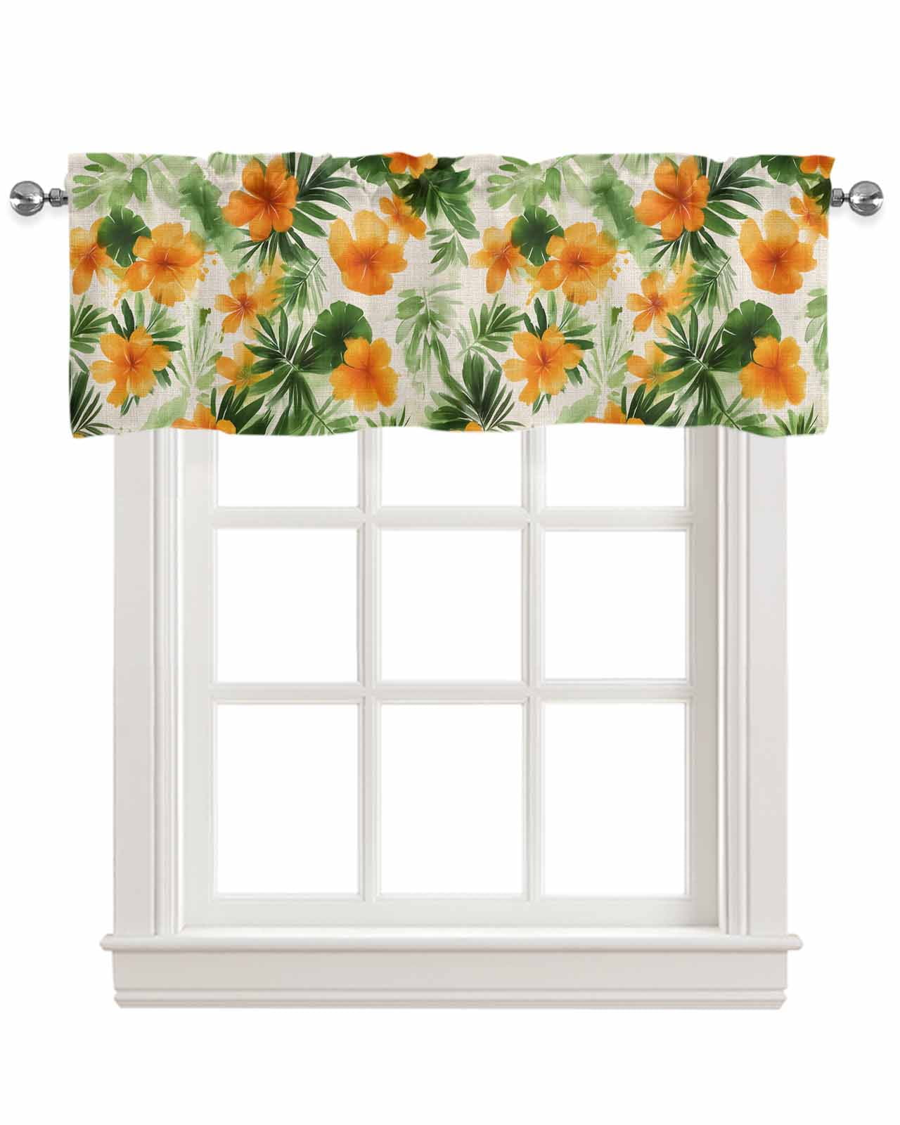 Orange Floral Palm Leaves Kitchen Valances for Windows Farmhouse Linen ...