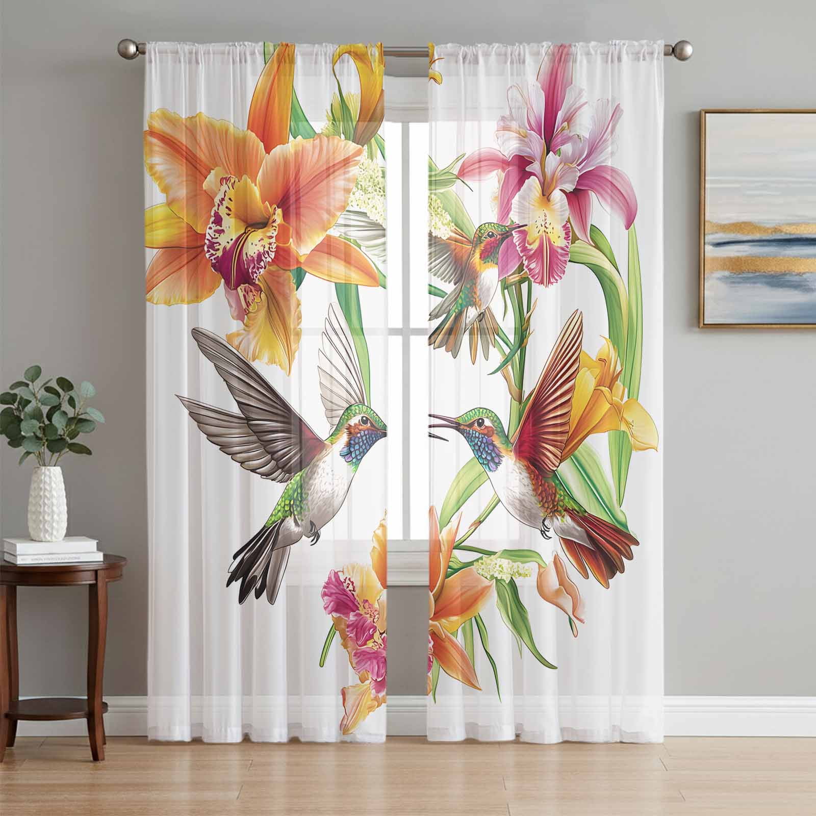 Orange Floral Sheer Curtains 63 Inch Length 2 Panels Set, Spring ...
