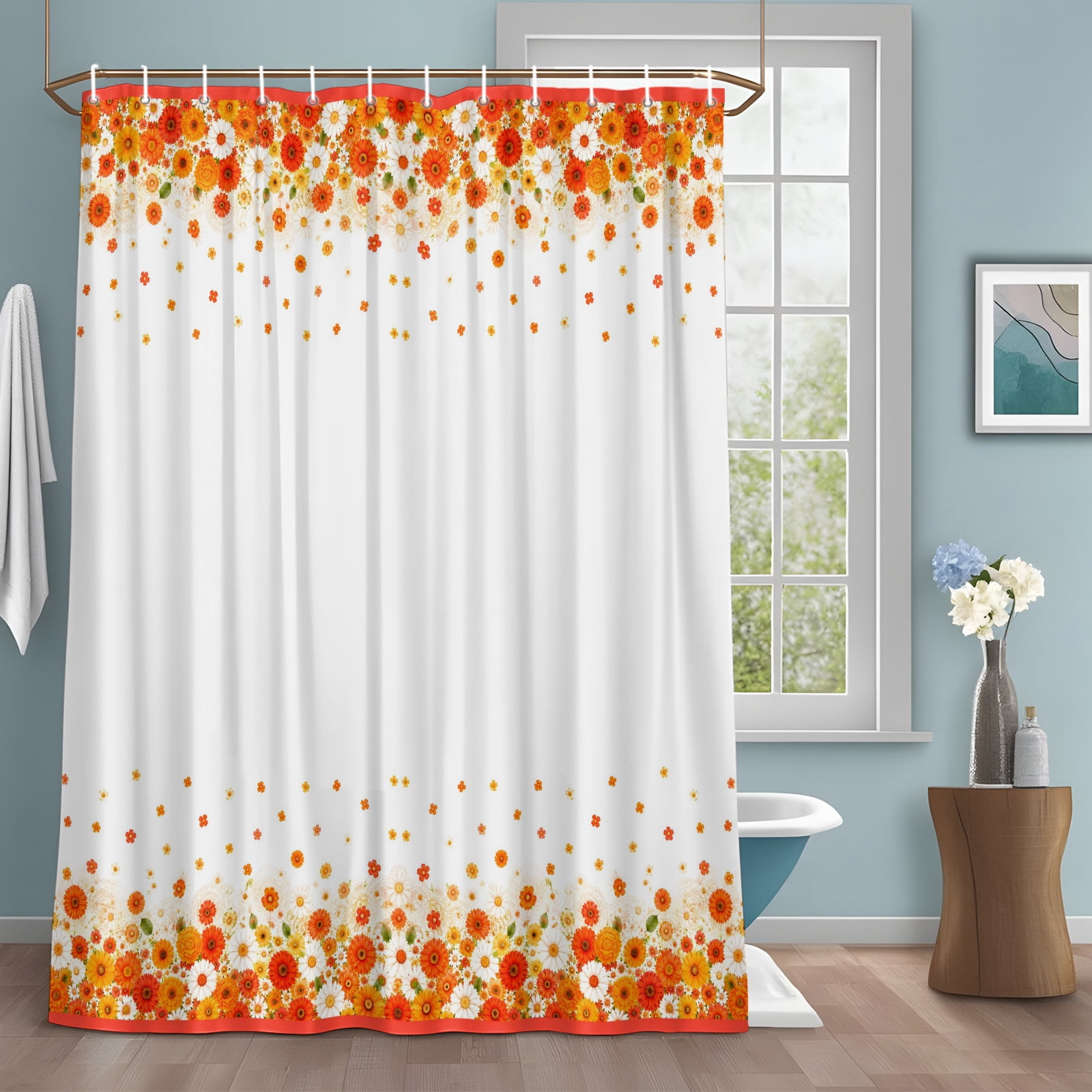 Orange Flower Blossoms Shower Curtain Set with Hooks, Country Garden ...