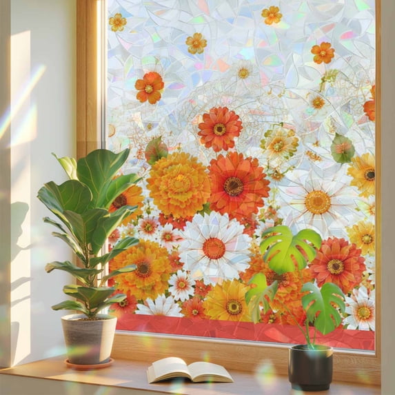 Orange Flower Blossoms Window Privacy Film, Country Pastoral White ...
