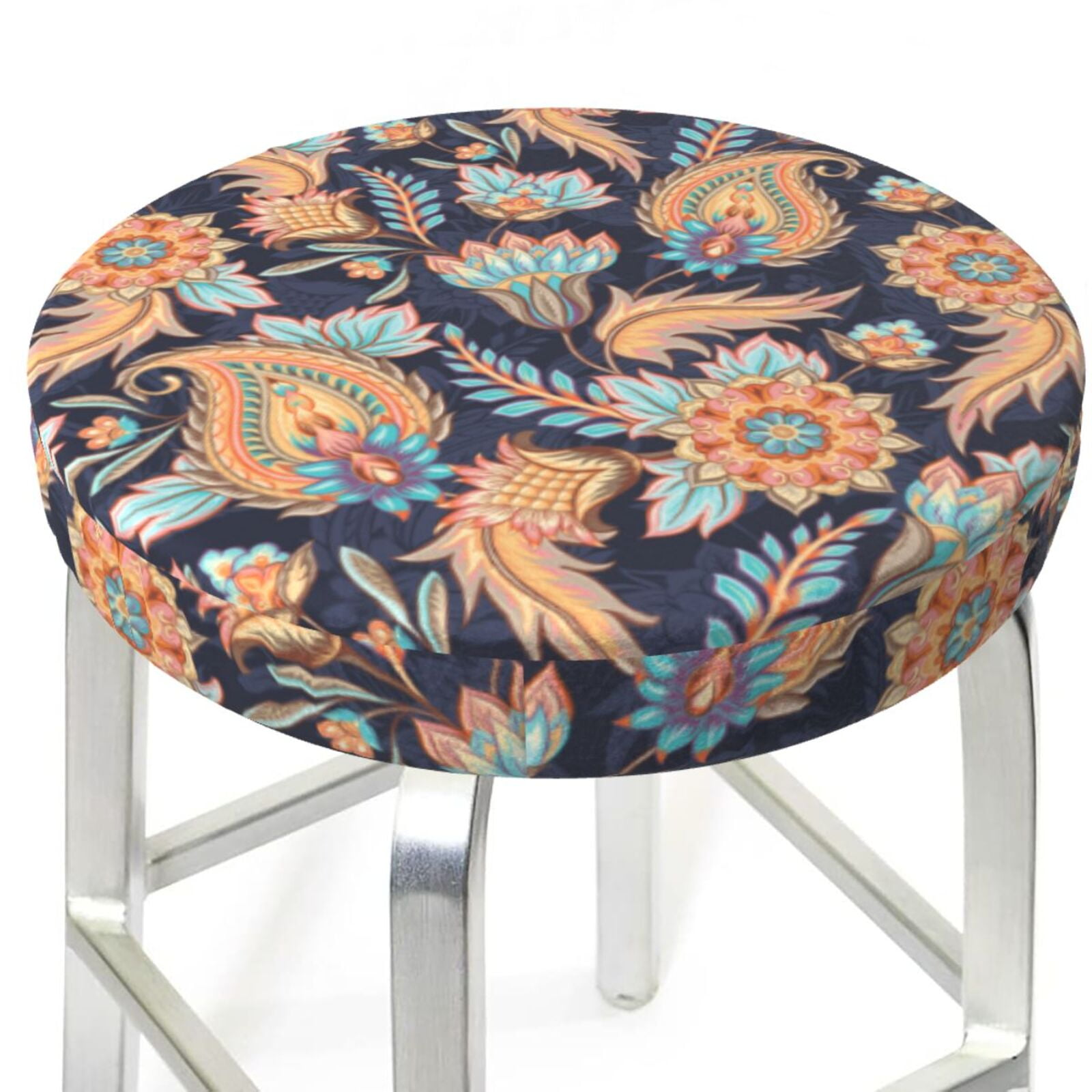 Orange Flower Paisley Bar Stool Covers - Stretch Round Seat Covers with ...