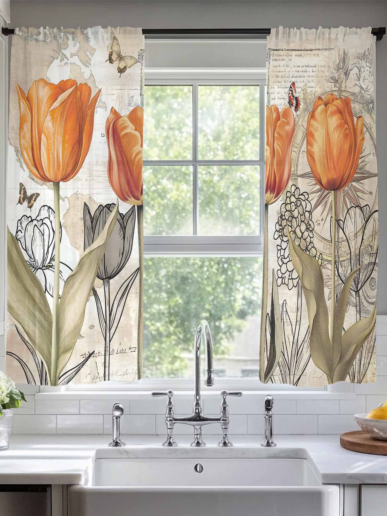Orange Flower Sheer Curtains for Living Room Bedroom Watercolor Retro ...