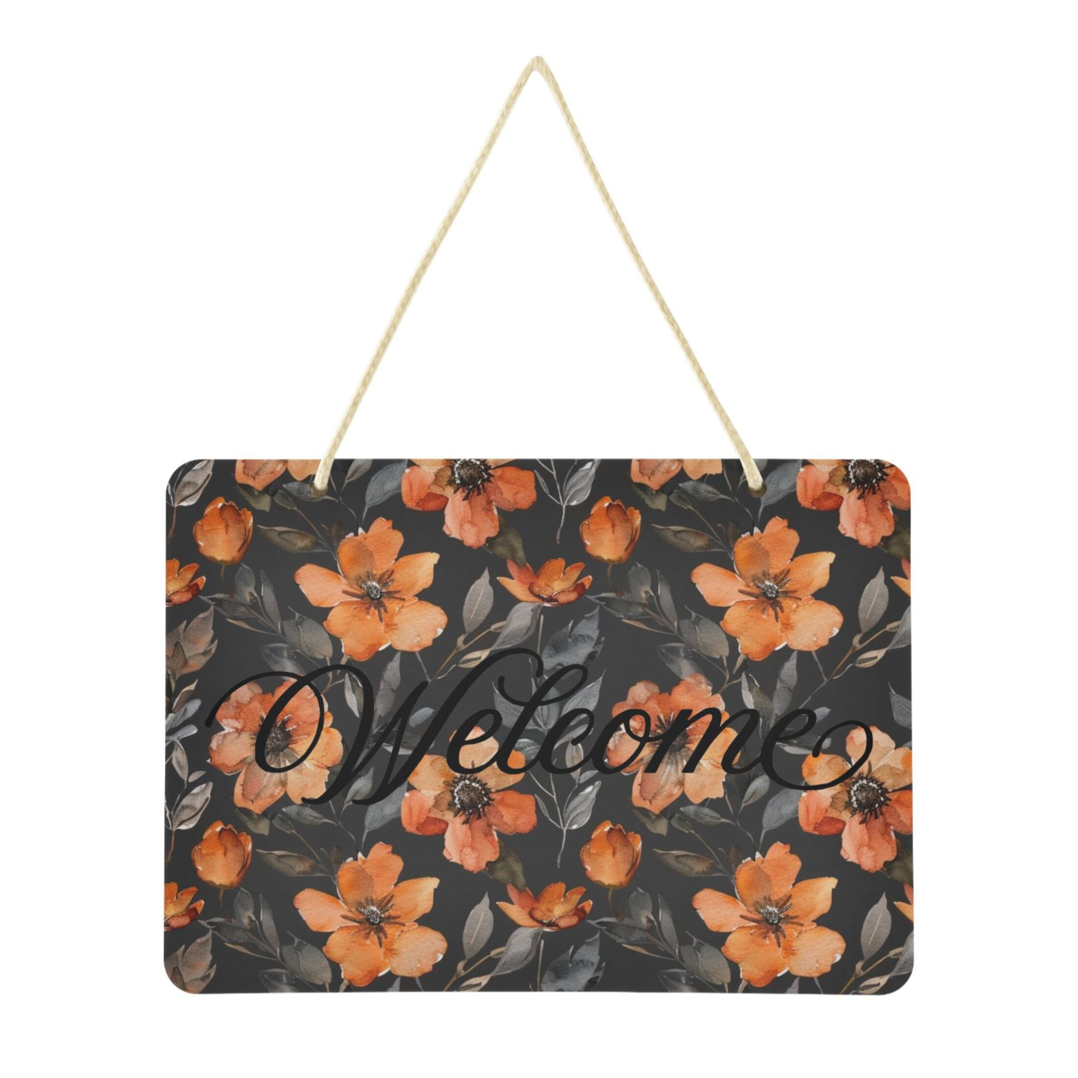 Orange Flower and Leaves Welcome Sign Front Door PVC 14x10 inch Hanger ...