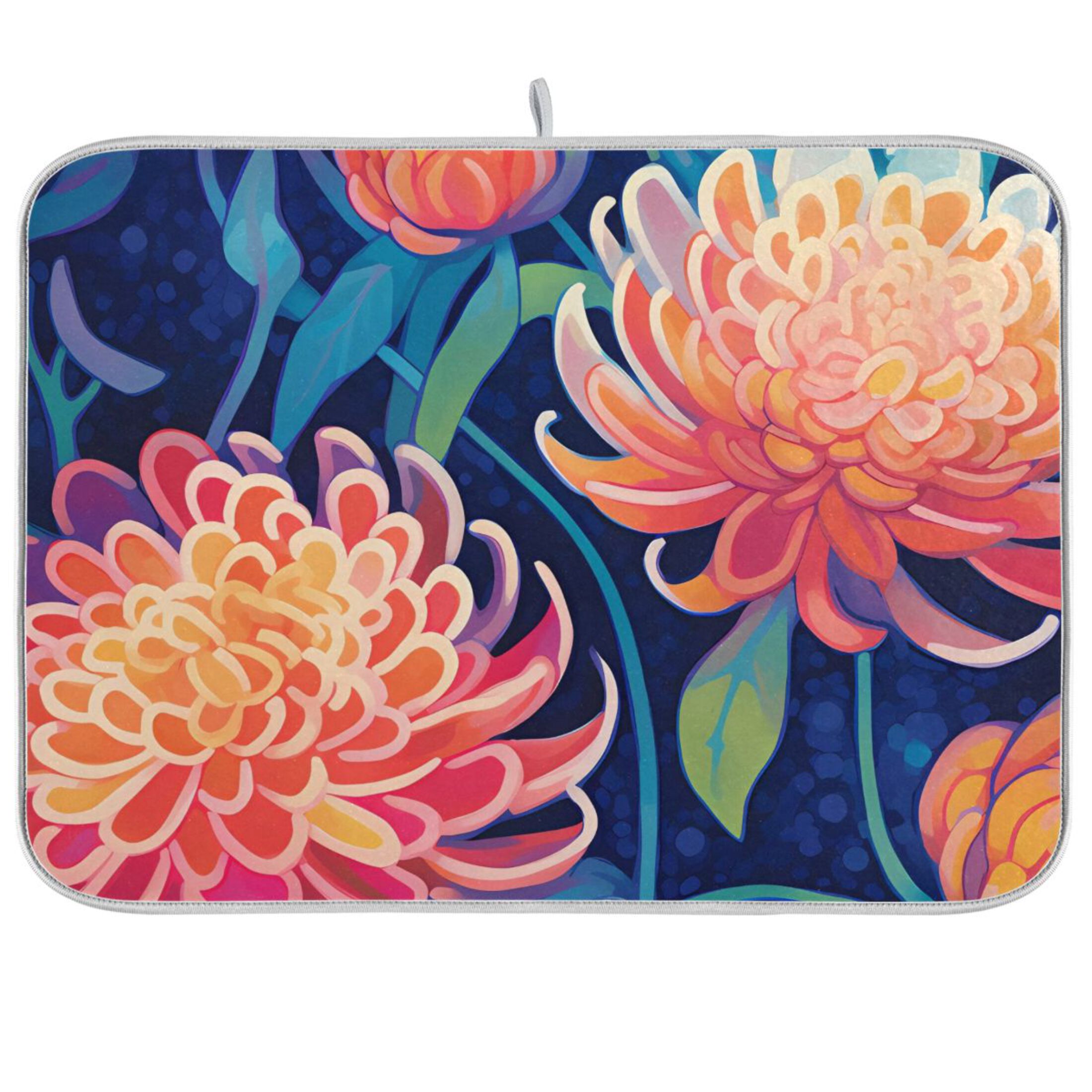 Orange Flowers Blue Dish Drying Mat Microfiber Kitchen Mats Large ...