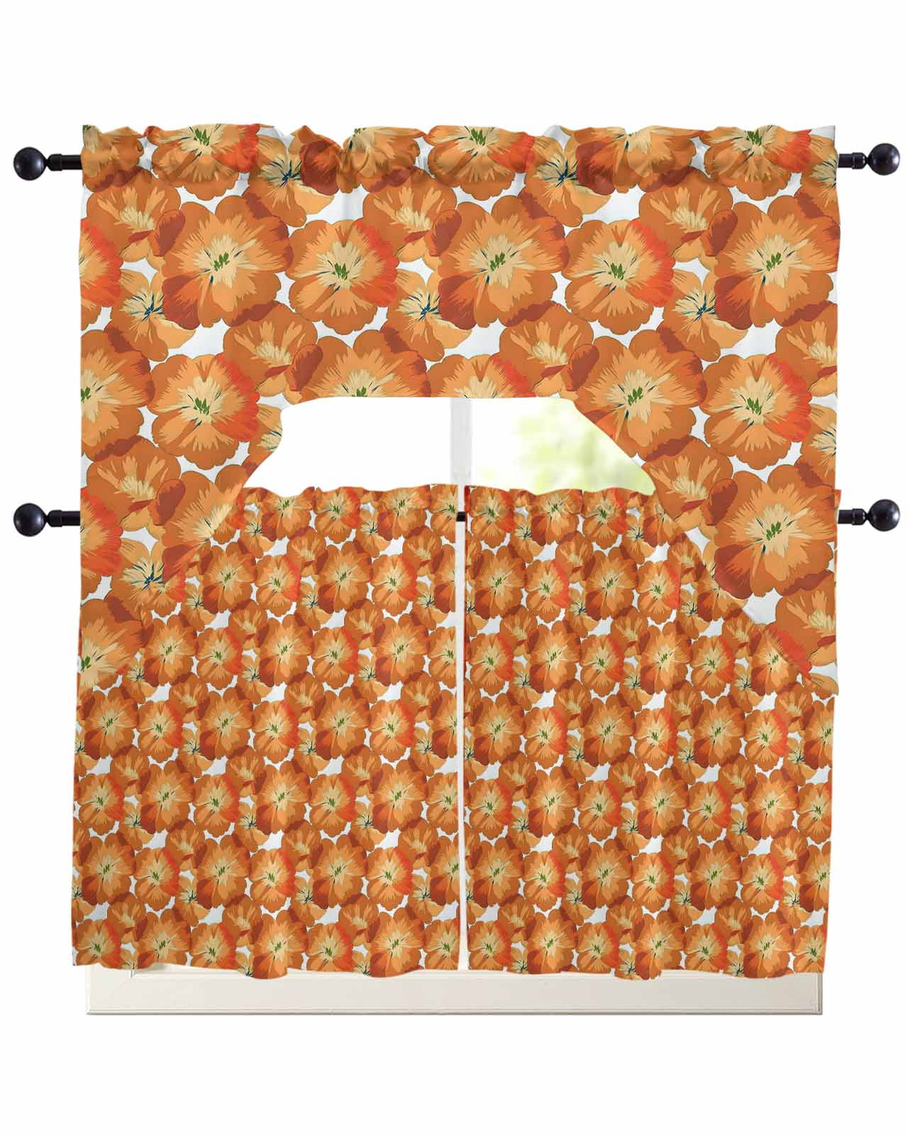 Orange Flowers Kitchen Curtains Swag Valance and Tier Curtains Set 24 ...