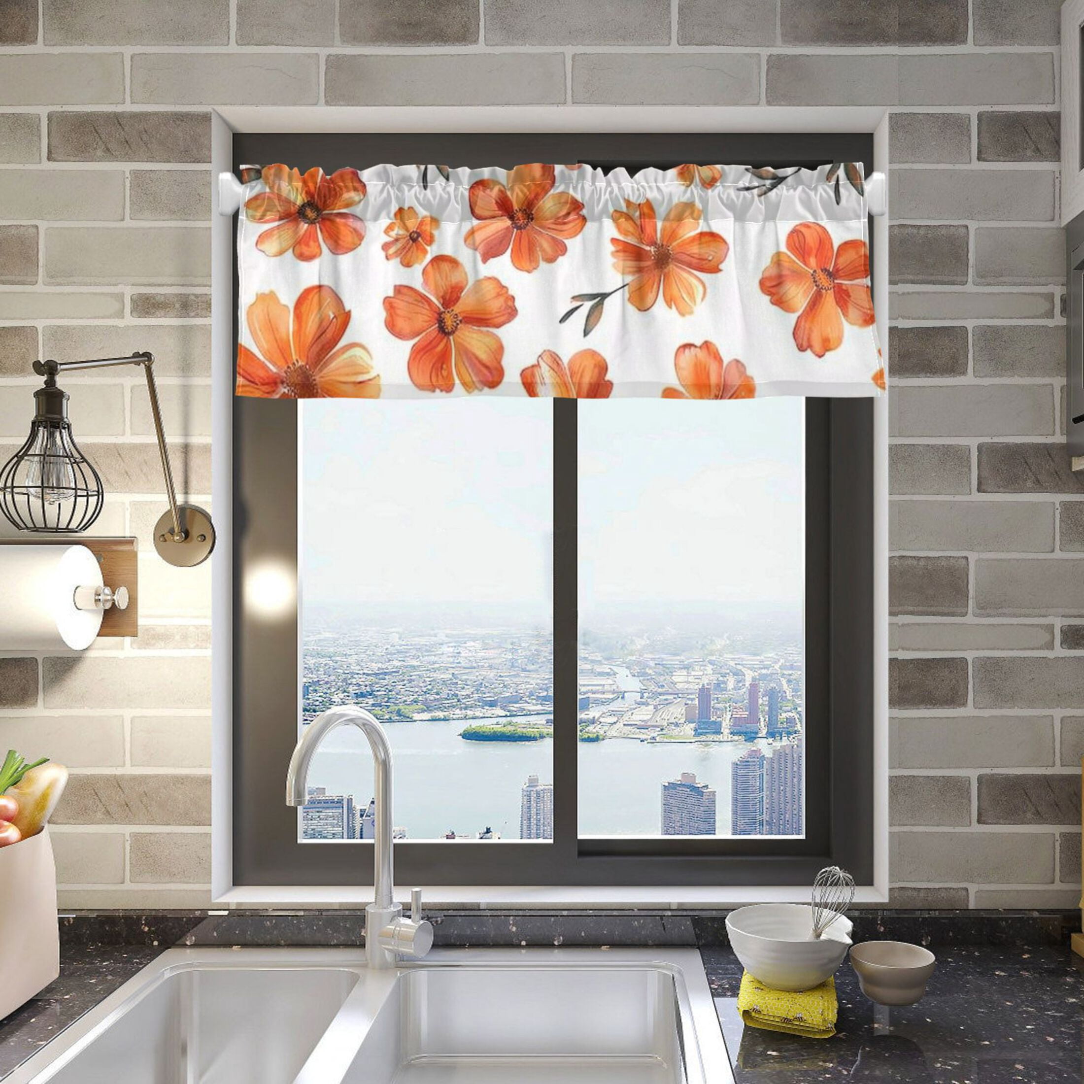 Orange Flowers Valance Curtains 54"x18" Rod Pocket for Kitchen Living ...
