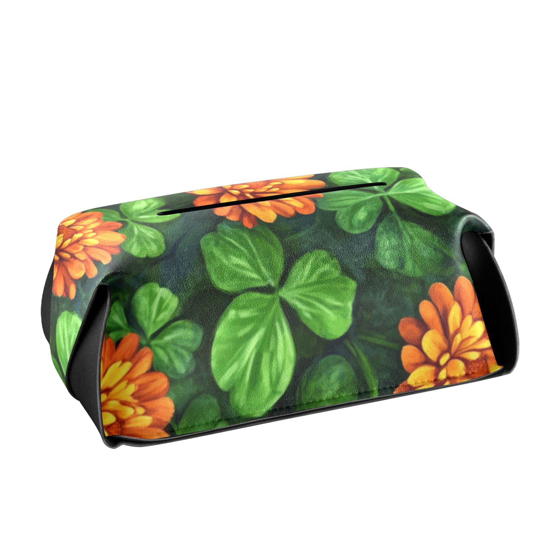 Orange Flowers and Green Leaves Tissue Box Cover Leather Square ...
