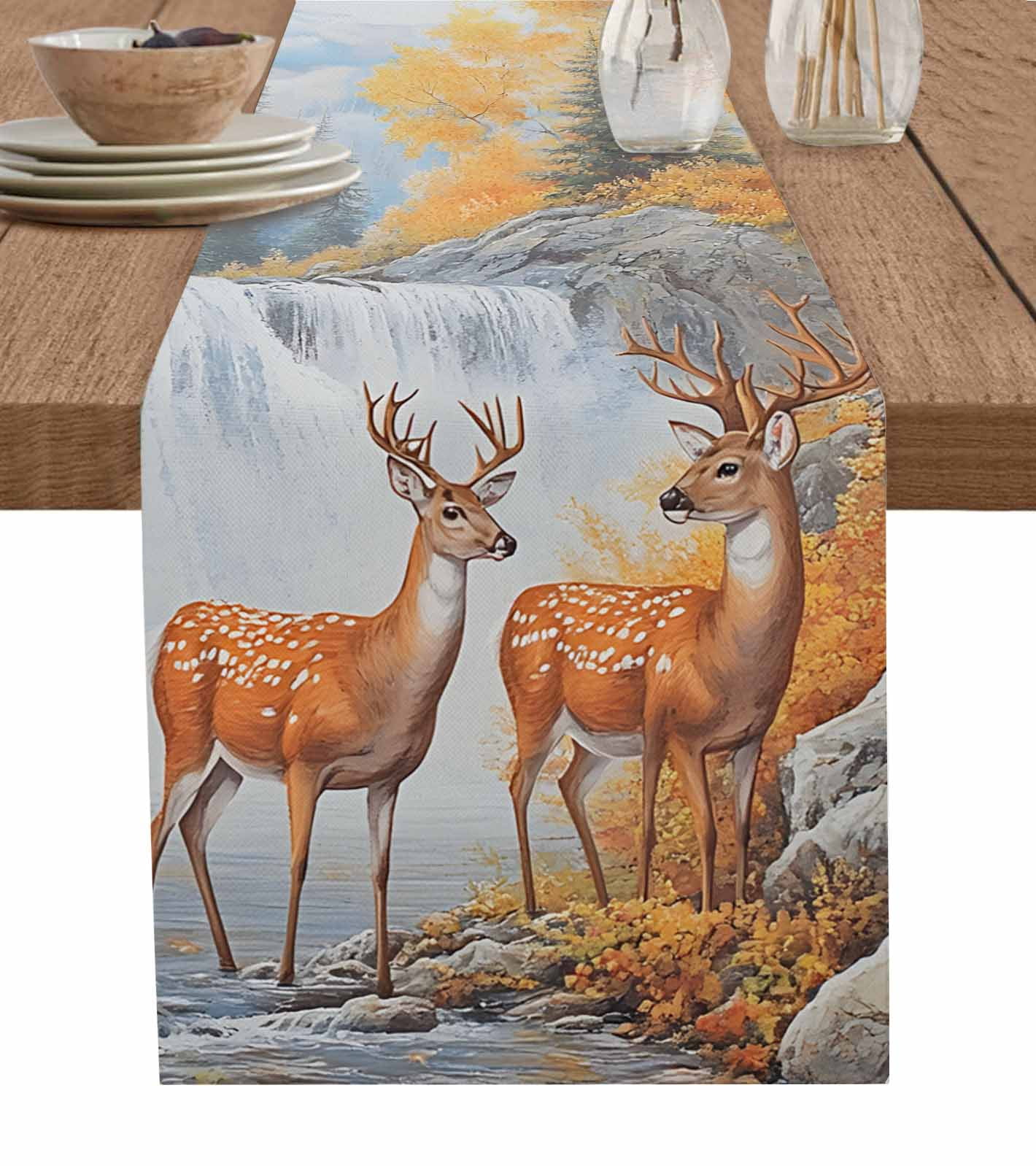Orange Forest Elk Table Runner 120 Inches, Farmhouse Deer River Bed ...