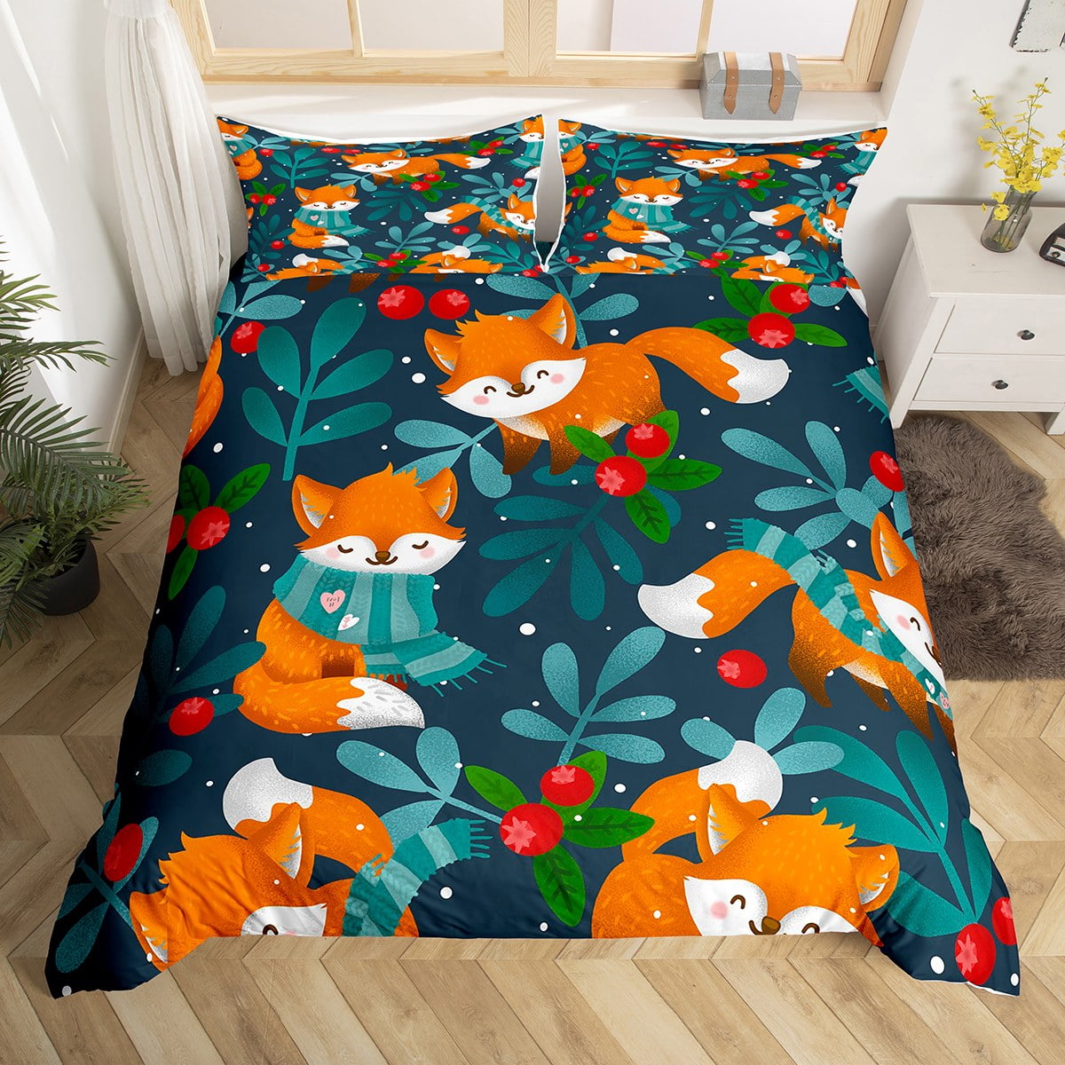 Orange Fox Duvet Cover Red Strawberry Bedding Set for Kids Toddler,Cute ...