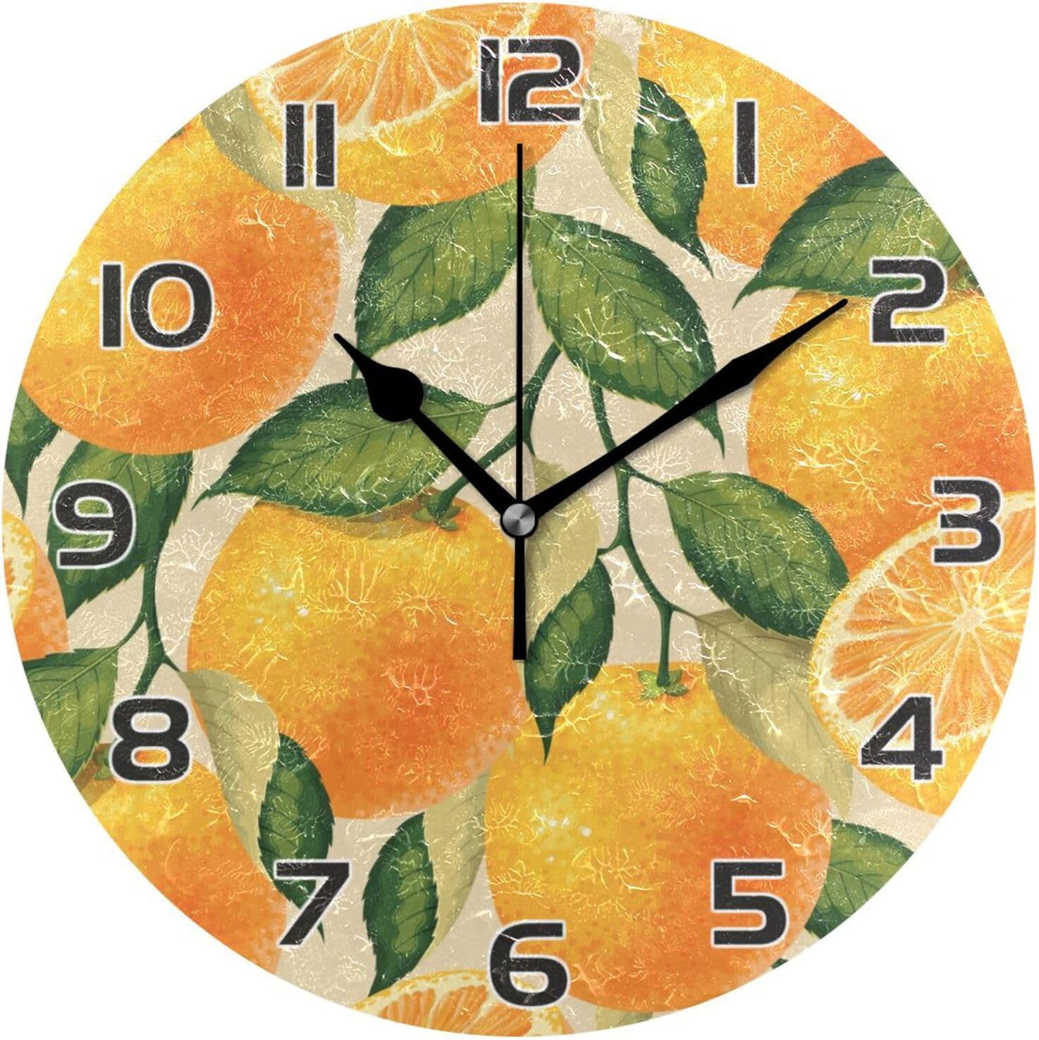Orange Fruit Wall Clock Round Vintage Silent Non Ticking Battery ...