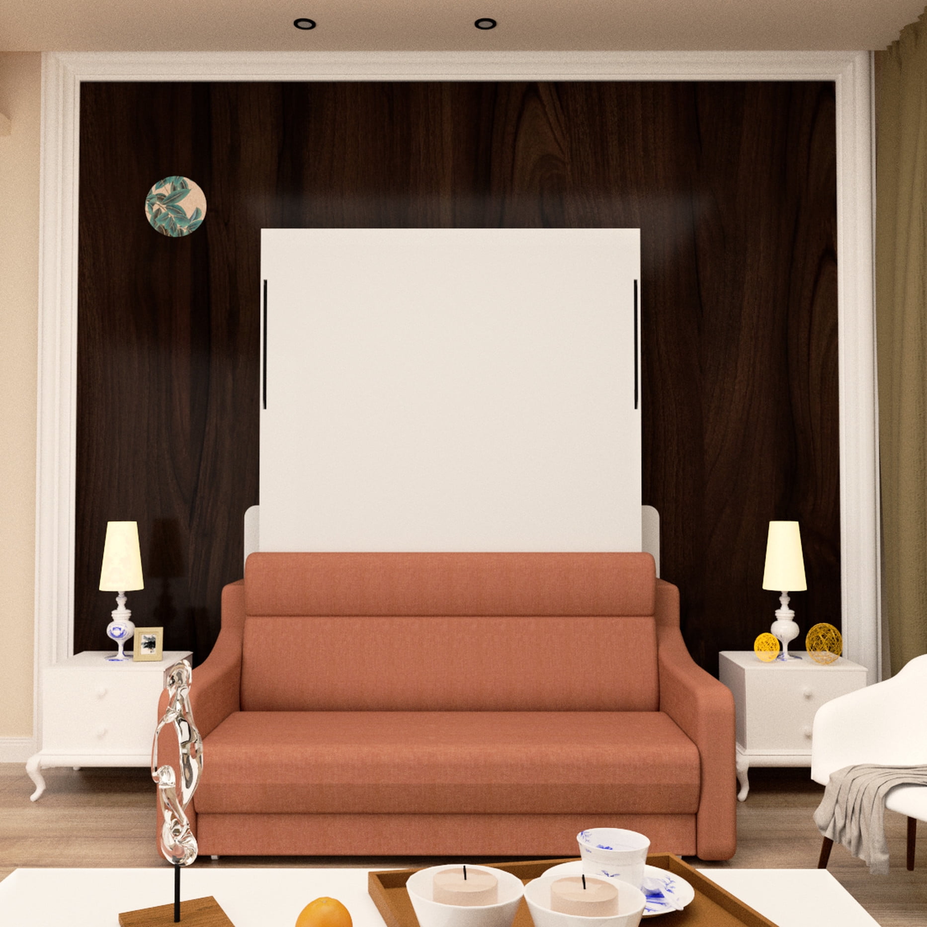 Orange Full-Size Murphy Bed with Sofa, Hidden Design / No Wall Fixing ...