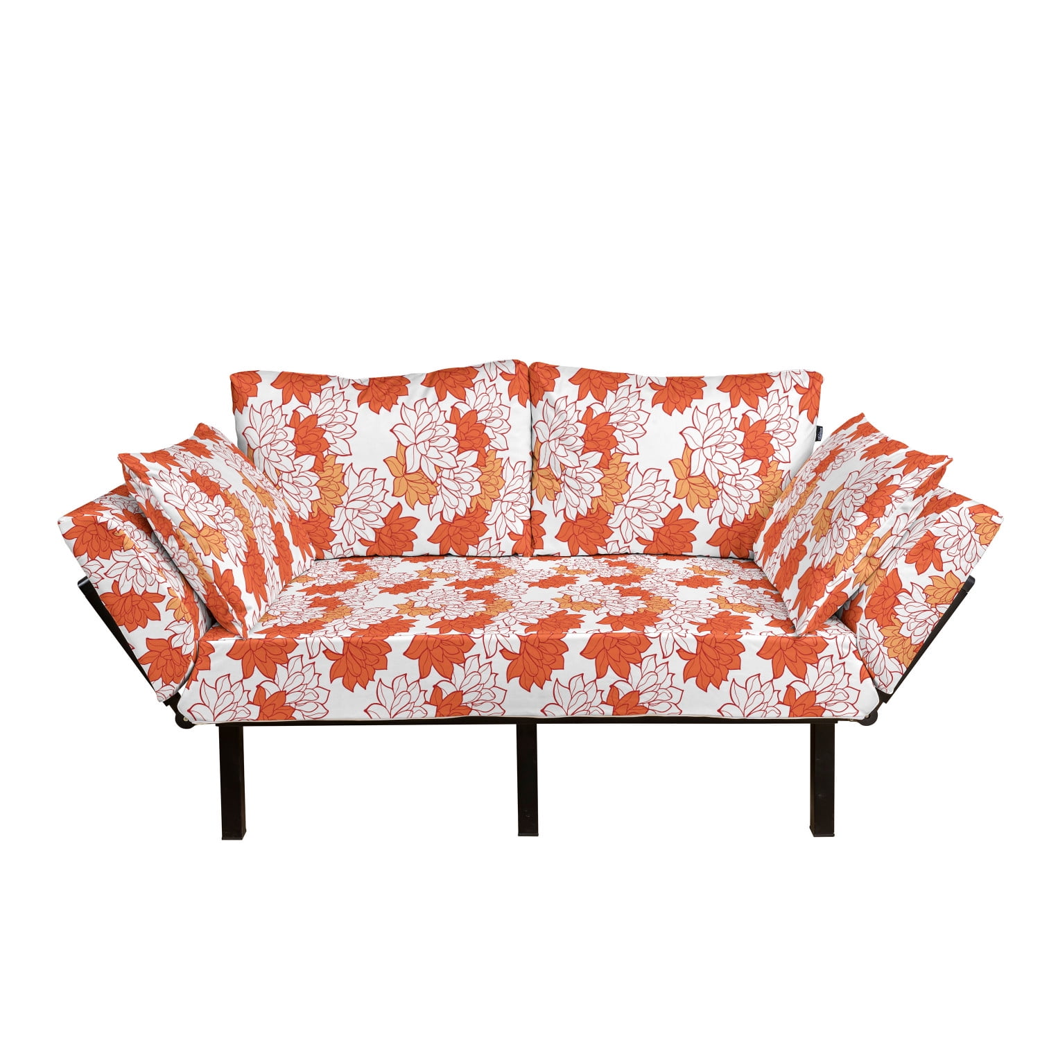 Orange Futon Couch, Blossoming Hand Drawn Lotus Leaves Garden Flowers ...